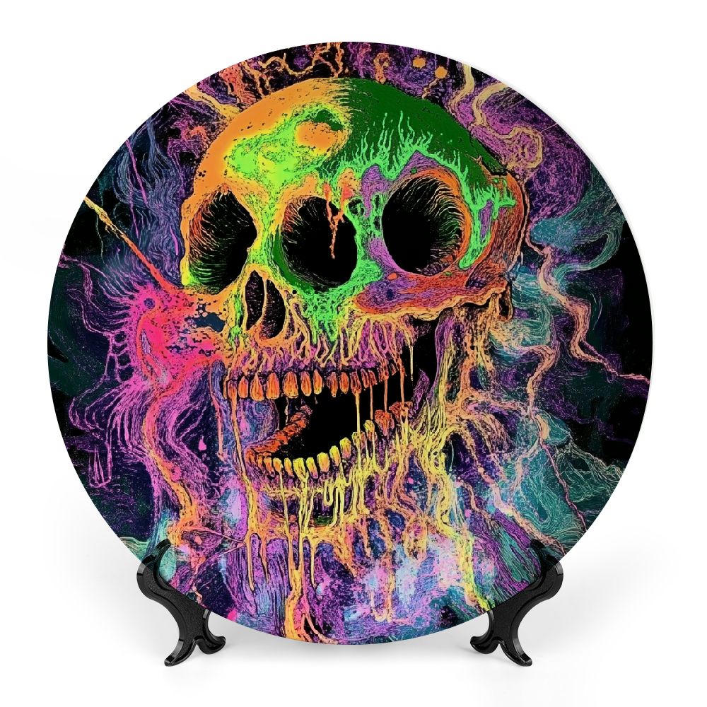 QCPP Bone China Decorative Plate Skull Digital Painting Psychedelic Vertical Stand for Home Club ...