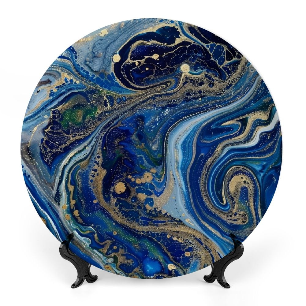 QCPP Marbled Surface Swirl Design Bone China Decorative Plate Vertical Stand for Home Club Room ...