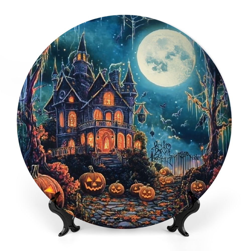 QCPP Pumpkins Full Moon Gothic Art Bone China Decorative Plate Vertical Stand for Home Club Room ...