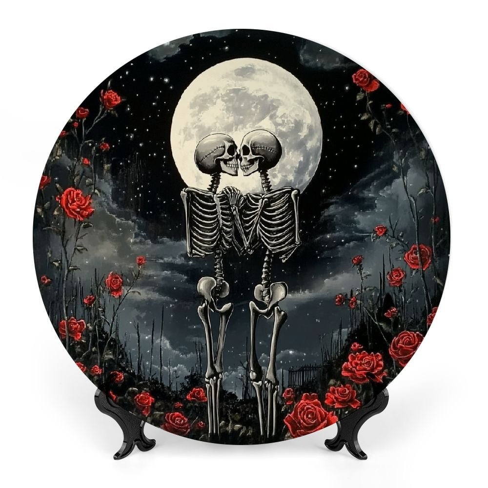 QCPP Skeletons Moon Roses Bone China Decorative Plate Vertical Stand for Home Club Room ...