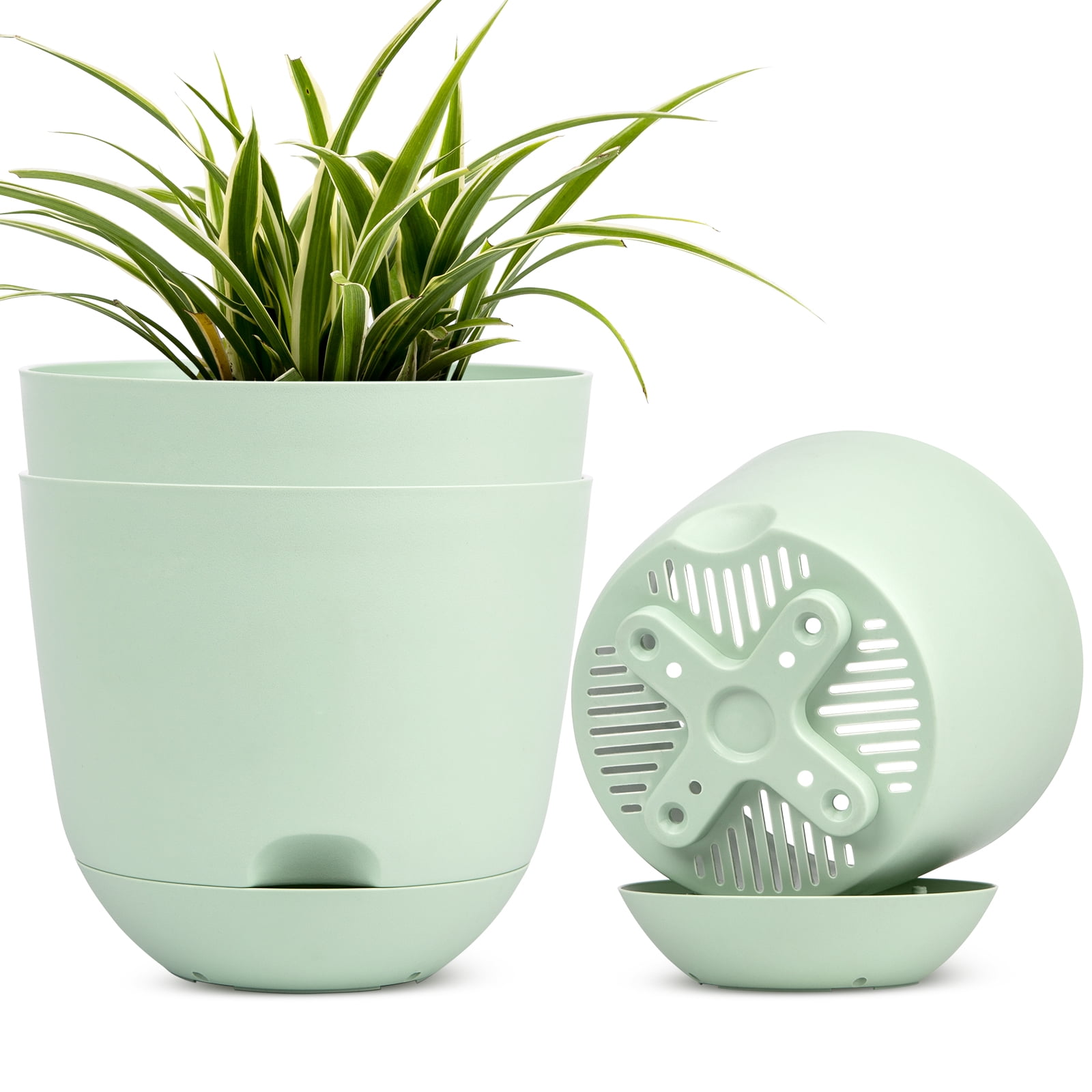 QCQHDU 3 Pack 8 in Green Self Watering Indoor Plastic Planters with ...