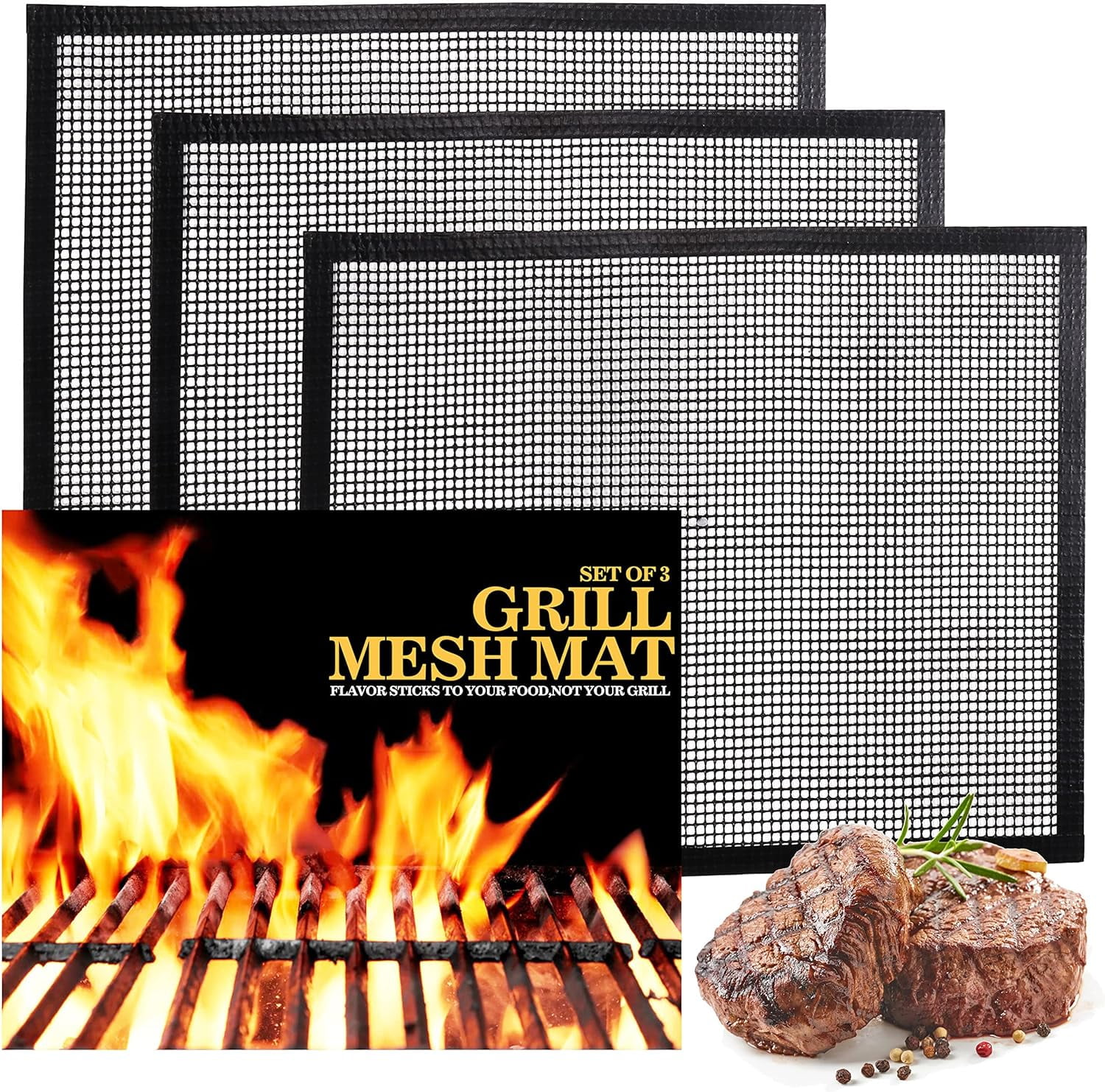 QCQHDU BBQ Grill Mat Set of 3, Non-stick, Heat Resistant, Reusable ...