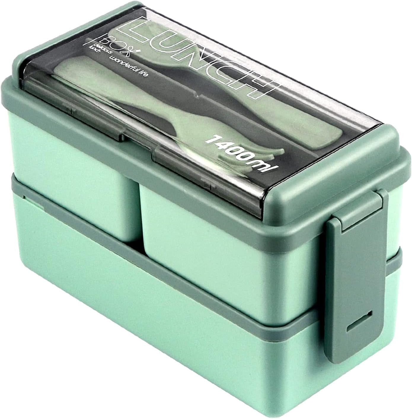 QCQHDU 1400ml Bento Lunch Box, 2 Layer, 3 Compartments, Cutlery Set ...