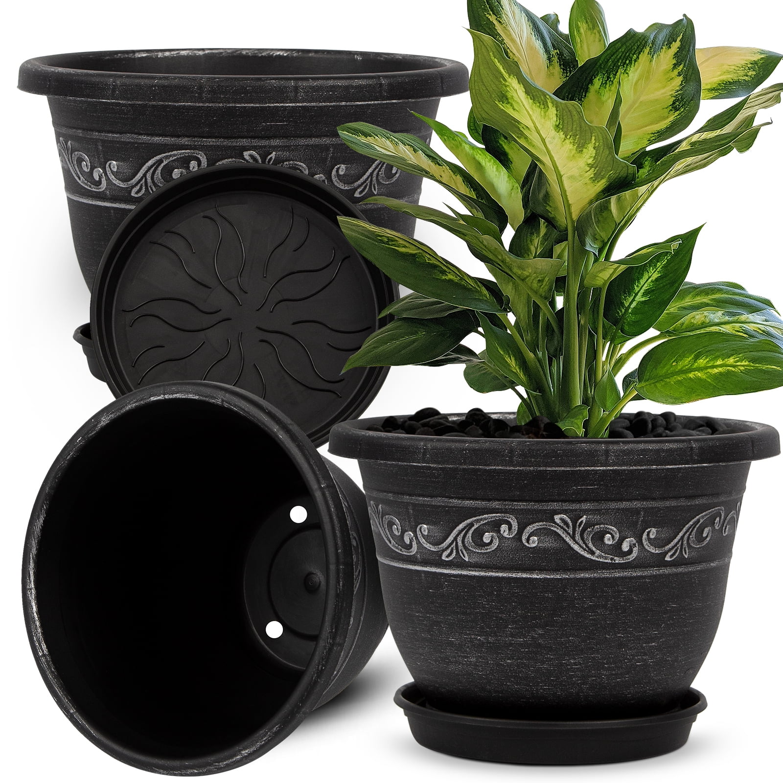 QCQHDU 12 inch Round Plant Pots with Drain, 3 Pack, Durable Plastic ...