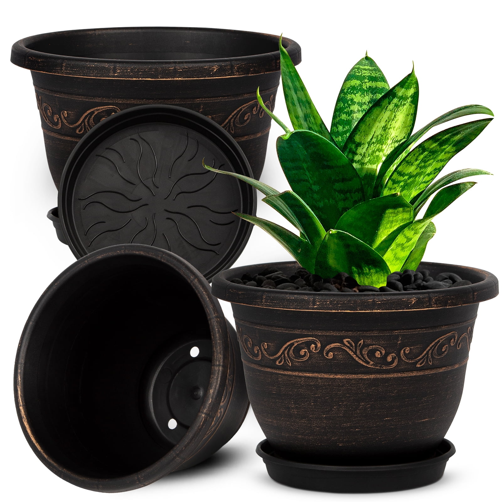 QCQHDU Plant Pots 3 Pack 8 Inch Plastic Planters with Drainage Holes ...