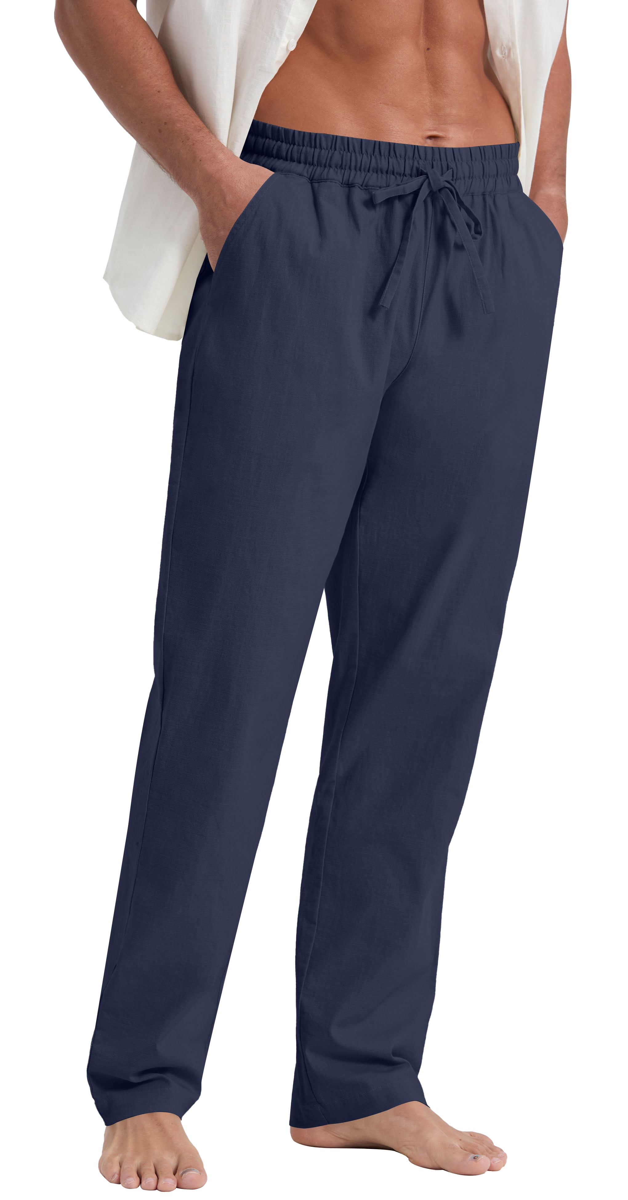 QDG Mens Cotton Linen Pants, Elastic Waist, Drawstring, Lightweight ...
