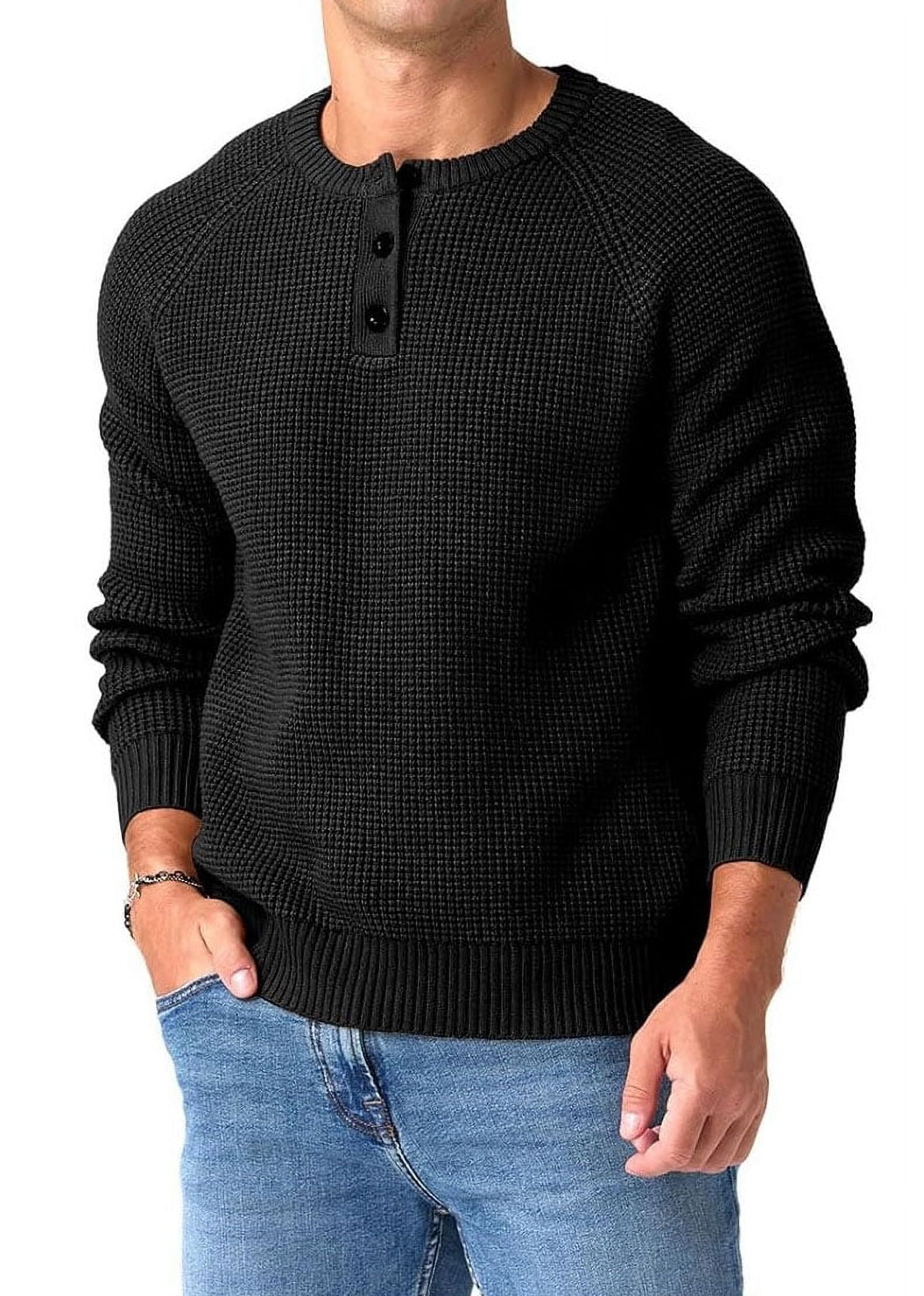 QDG Mens Henley Knit Pullover Sweater Waffle Crewneck Casual Texture ...