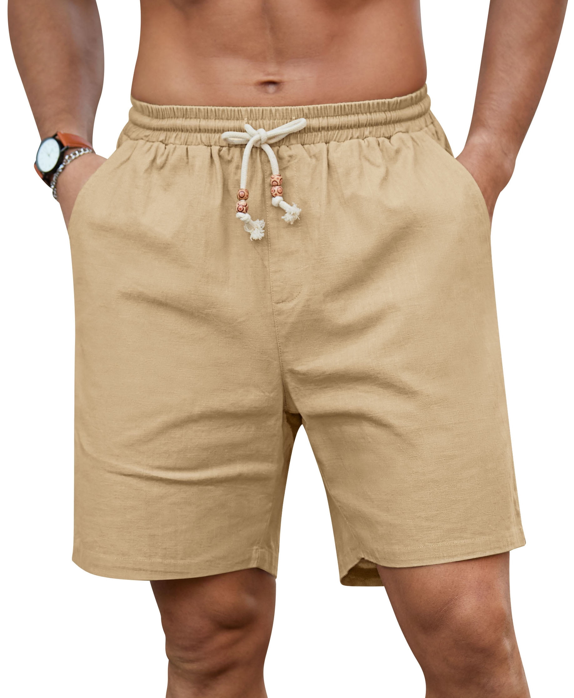 QDG Mens Linen Shorts Casual Elastic Waist Drawstring Summer Beach ...