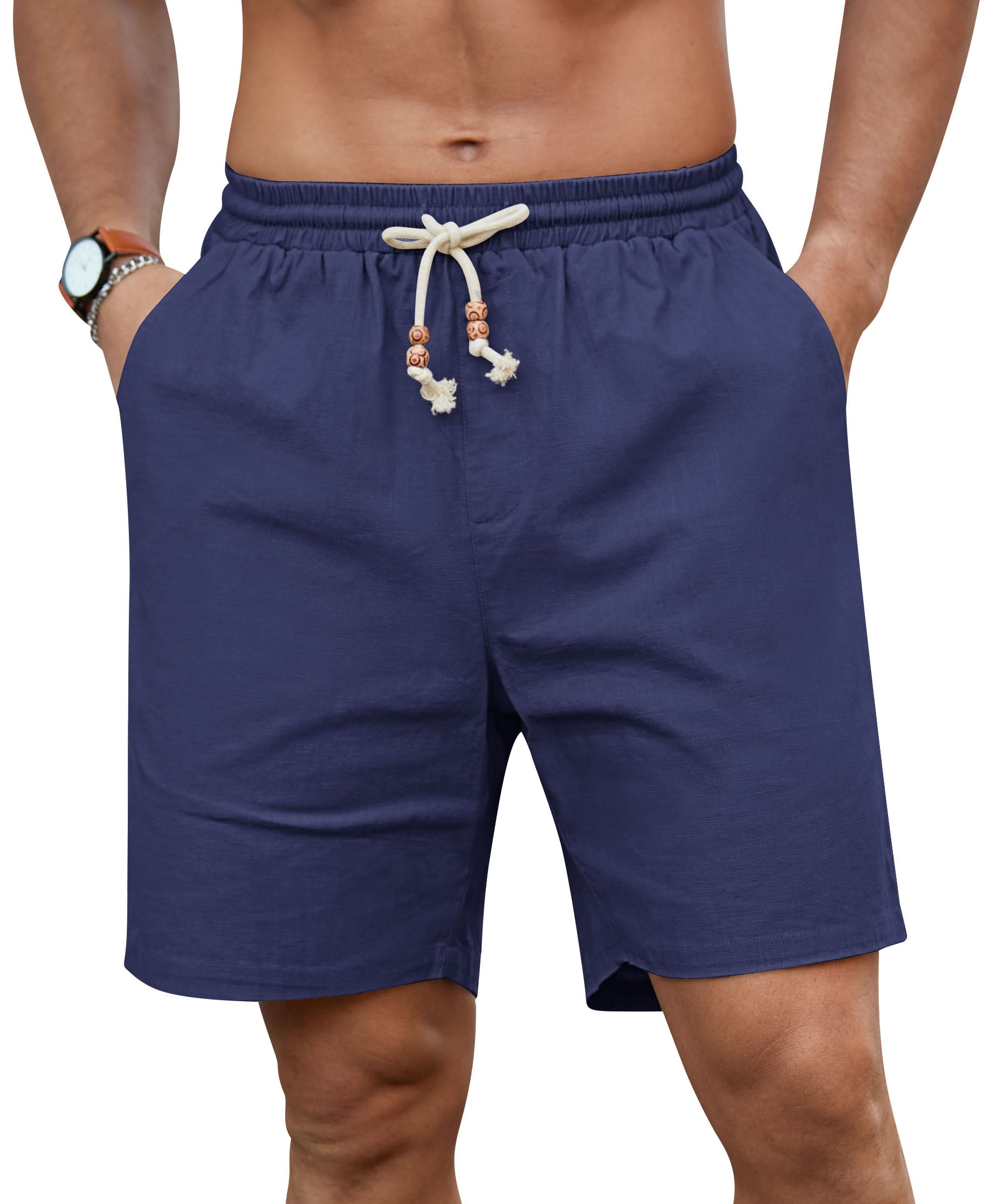 QDG Mens Linen Shorts Casual Elastic Waist Drawstring Summer Beach ...