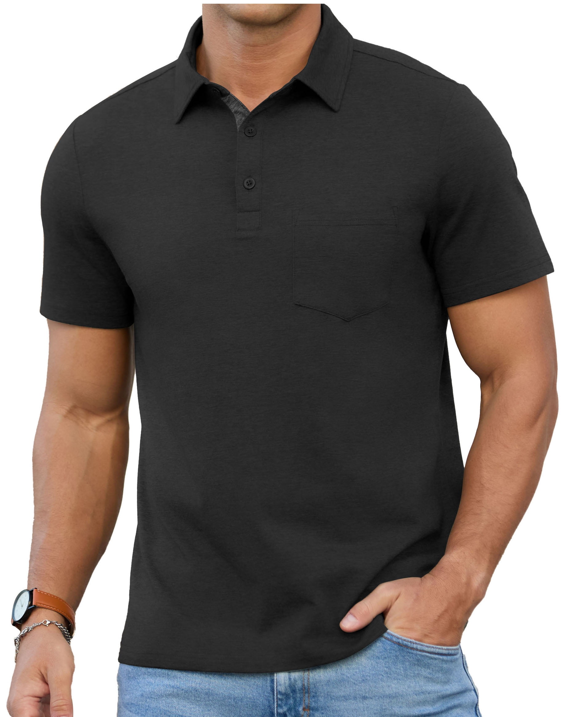 QDG Mens Polo Short Sleeve Shirt Casual Button Polo T Shirt with Pocket Designed Collared Golf ...