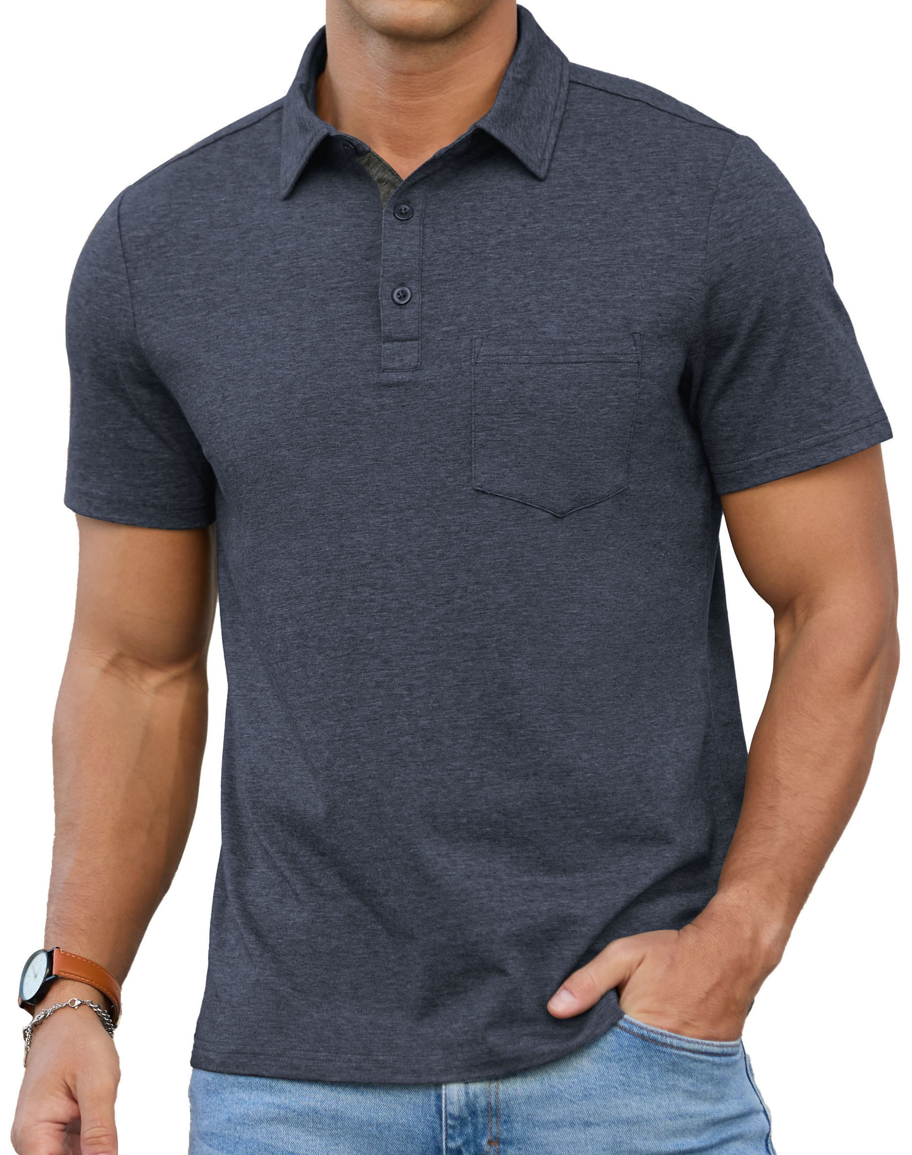 QDG Mens Polo Shirt, Short Sleeve, Button Down, Collared, With Pocket ...