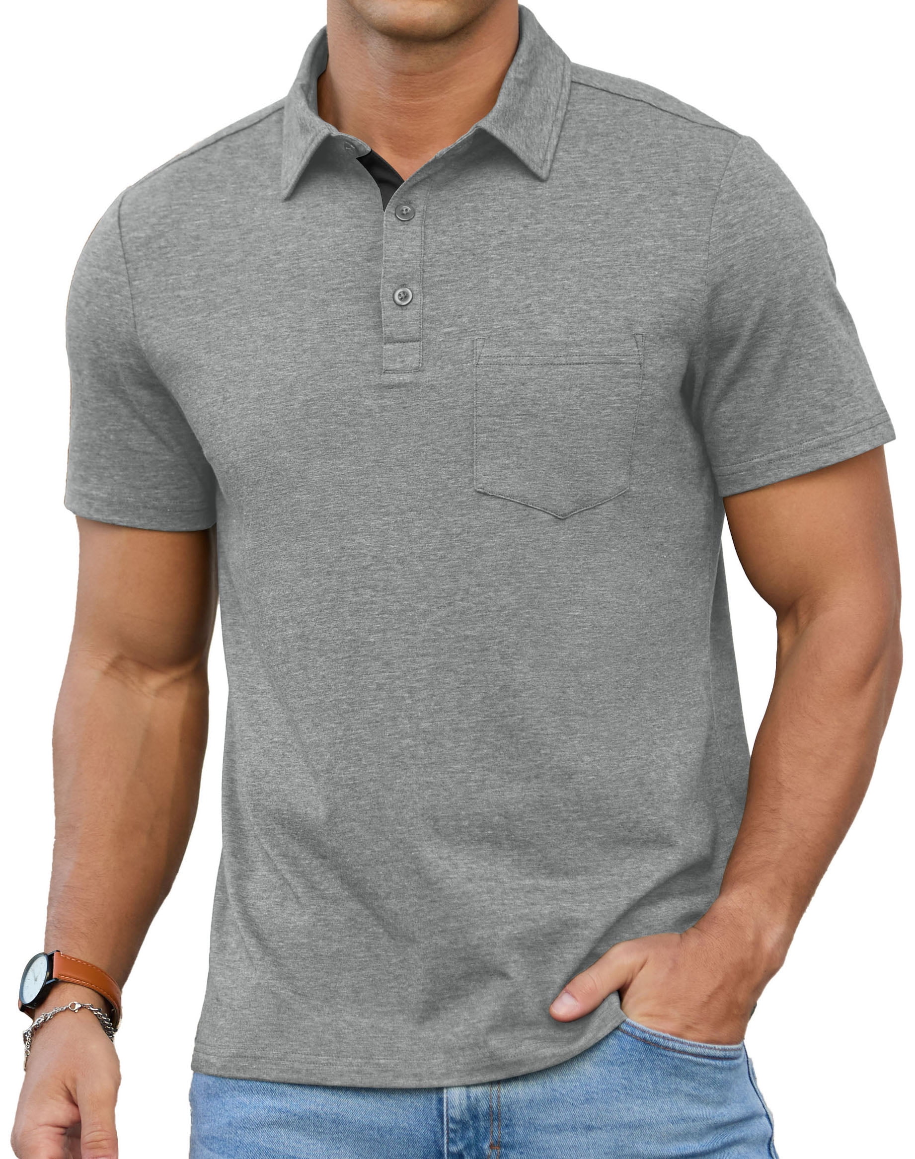 QDG Mens Polo Short Sleeve Shirt Casual Button Polo T Shirt with Pocket ...