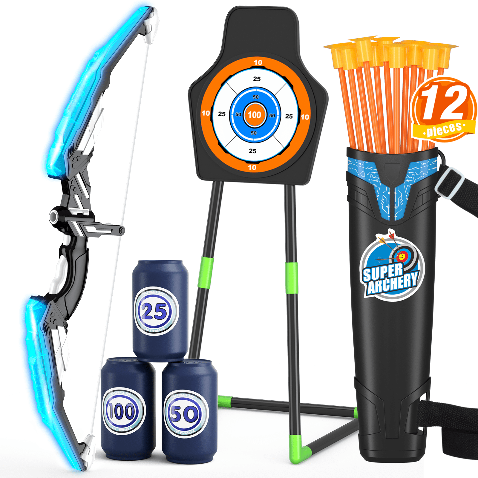 QDRAGON Kids' LED Archery Set, Bow & Arrow, 12 Suction Cup Arrows ...