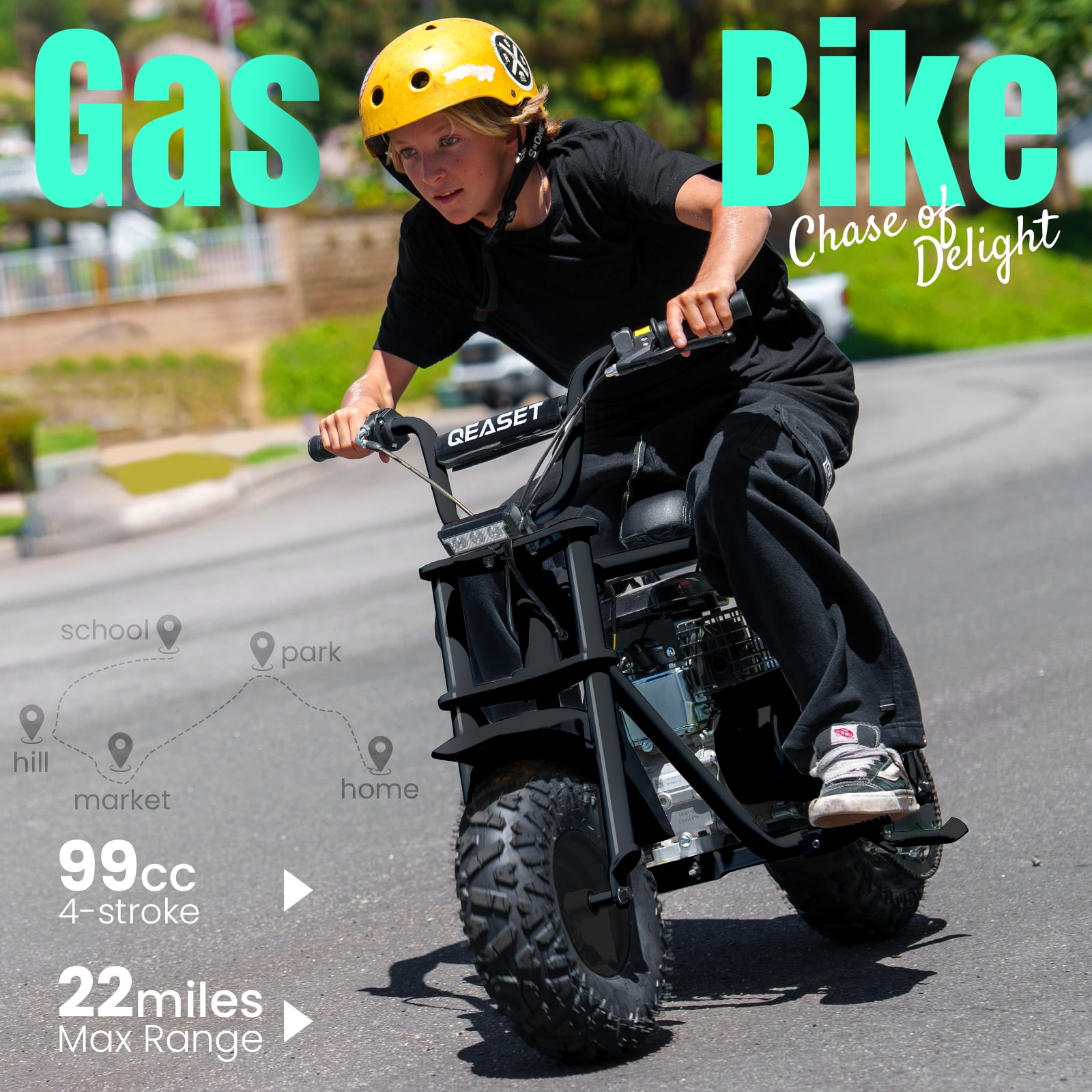 QEASET 99cc Mini Bike Gas Powered, 4-Stroke with LED Headlight, Black ...