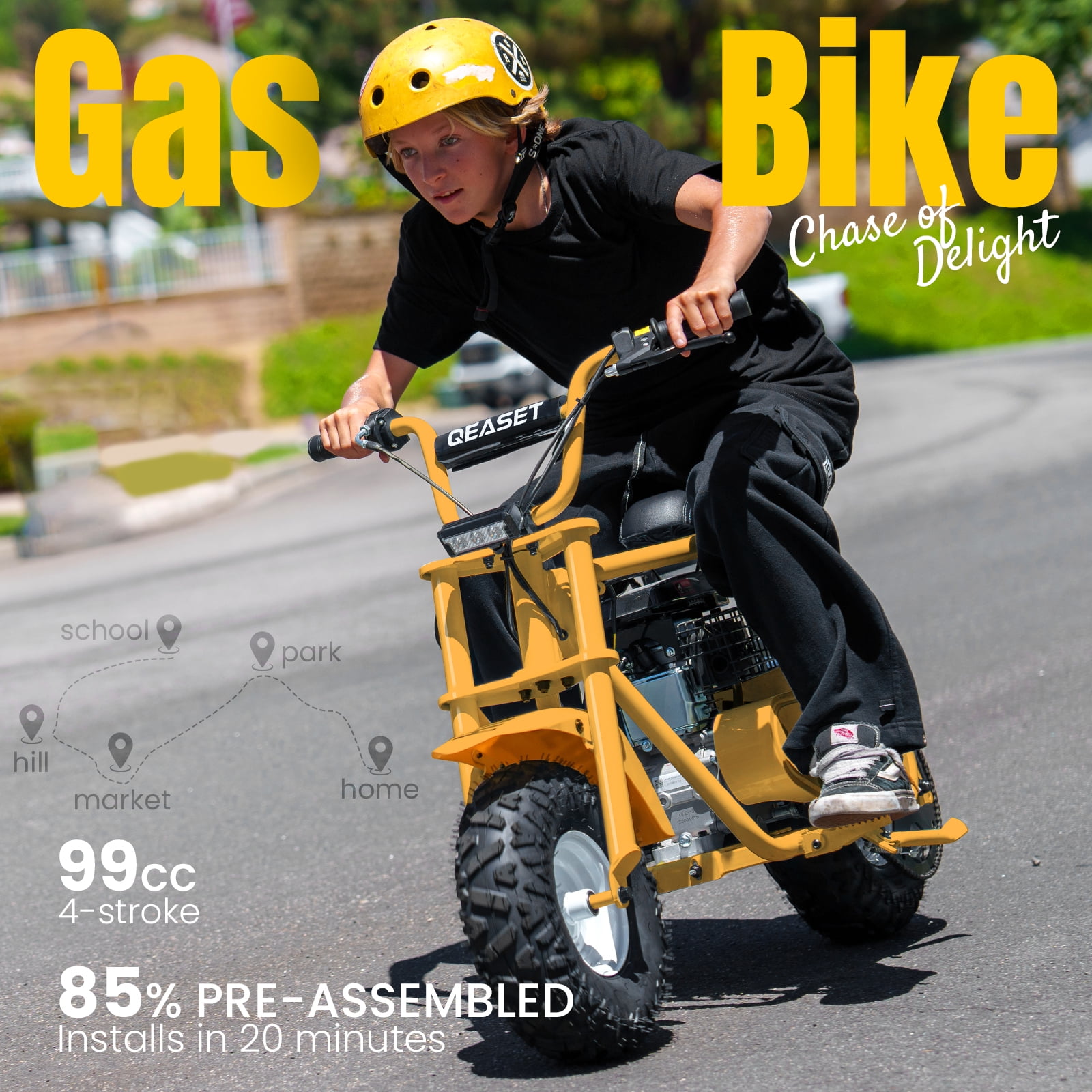 QEASET 99cc Mini Bike Gas Powered, 4-Stroke with LED Headlight, Yellow ...