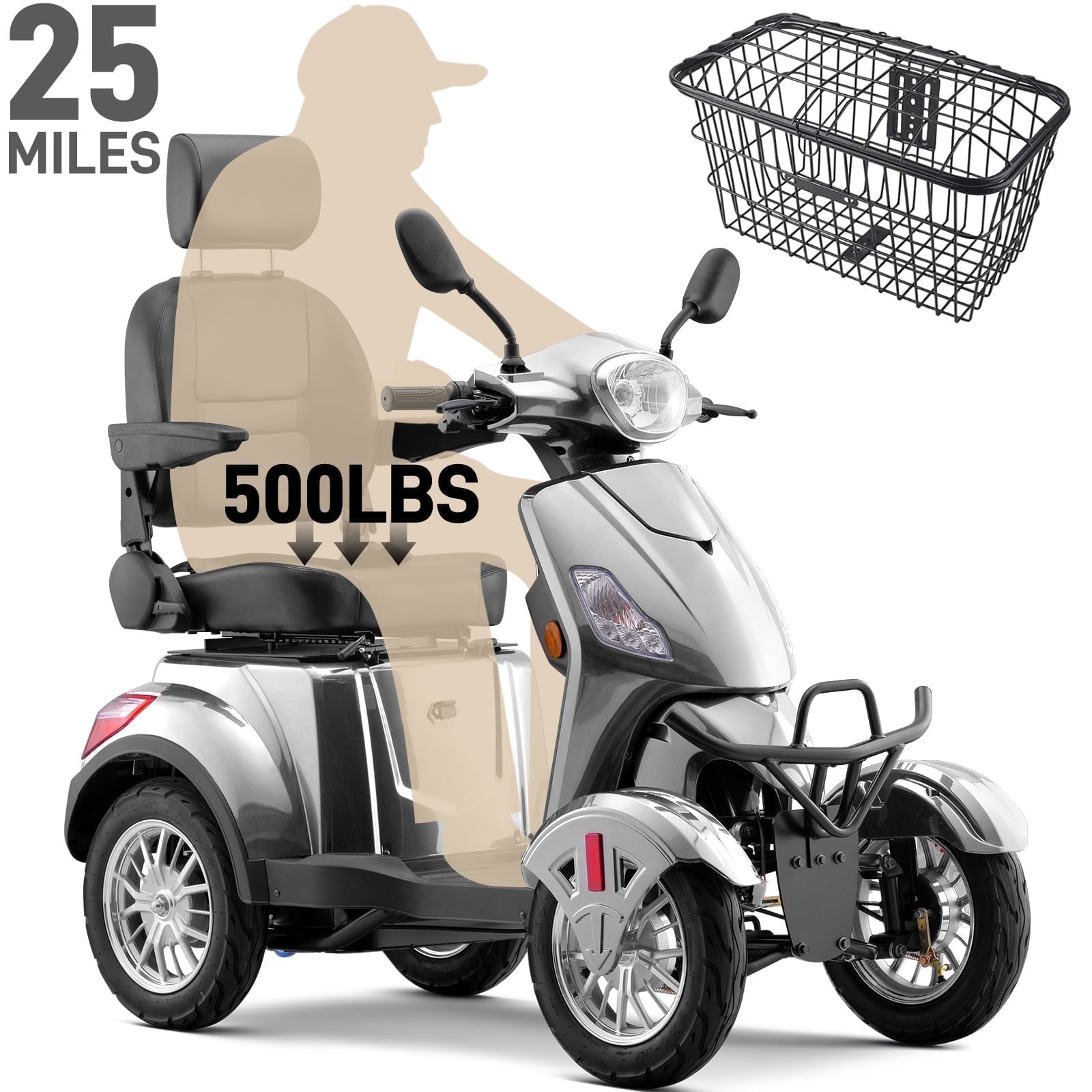 Arshin Heavy Duty 4 Wheel Mobility Scooters for Seniors & Adults 500lbs ...