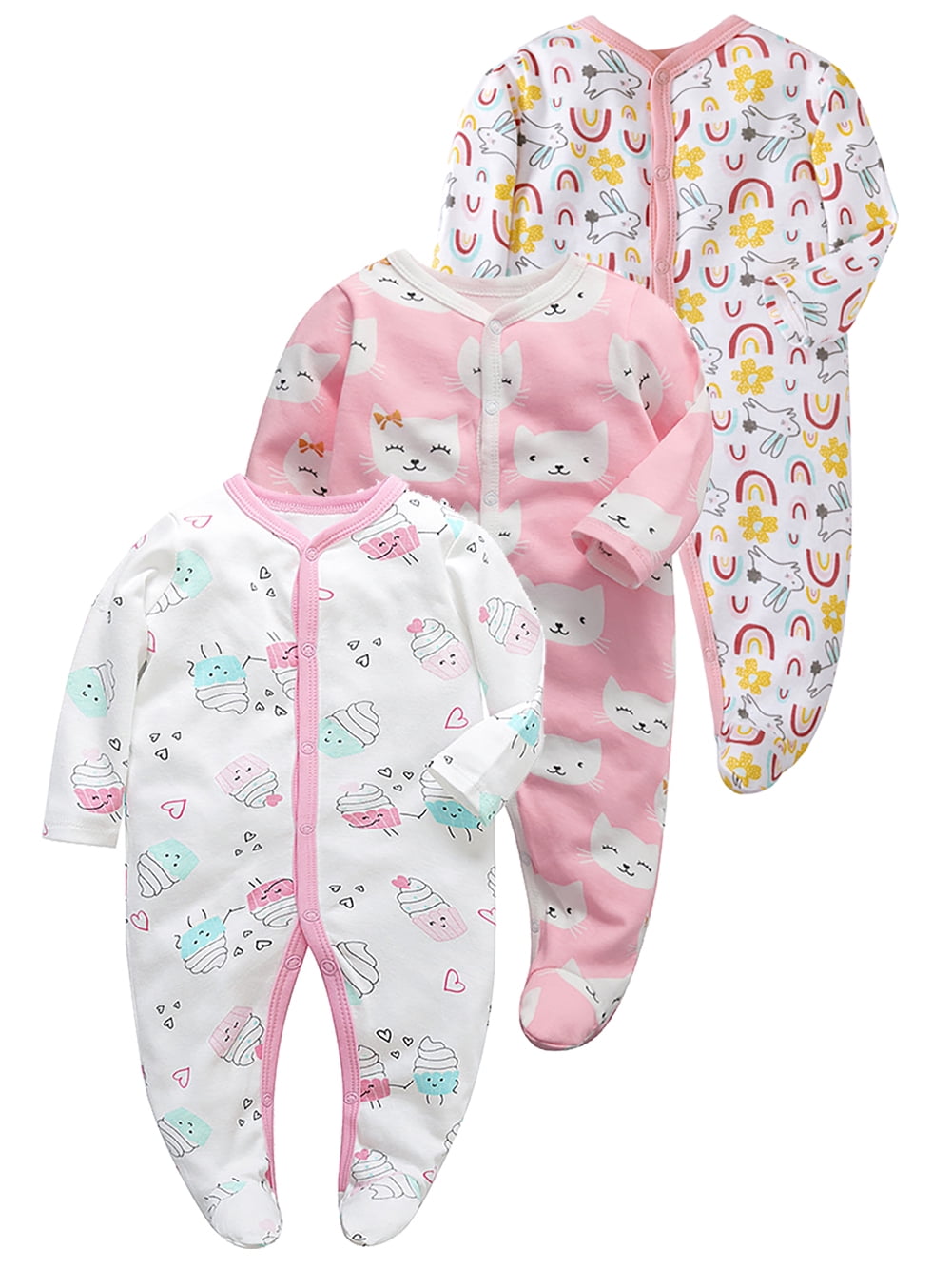 QEFJNO Newborn Baby Girls' 3-pack Sleep and Play Footies Pajamas One-Piece Sleeper Button ...