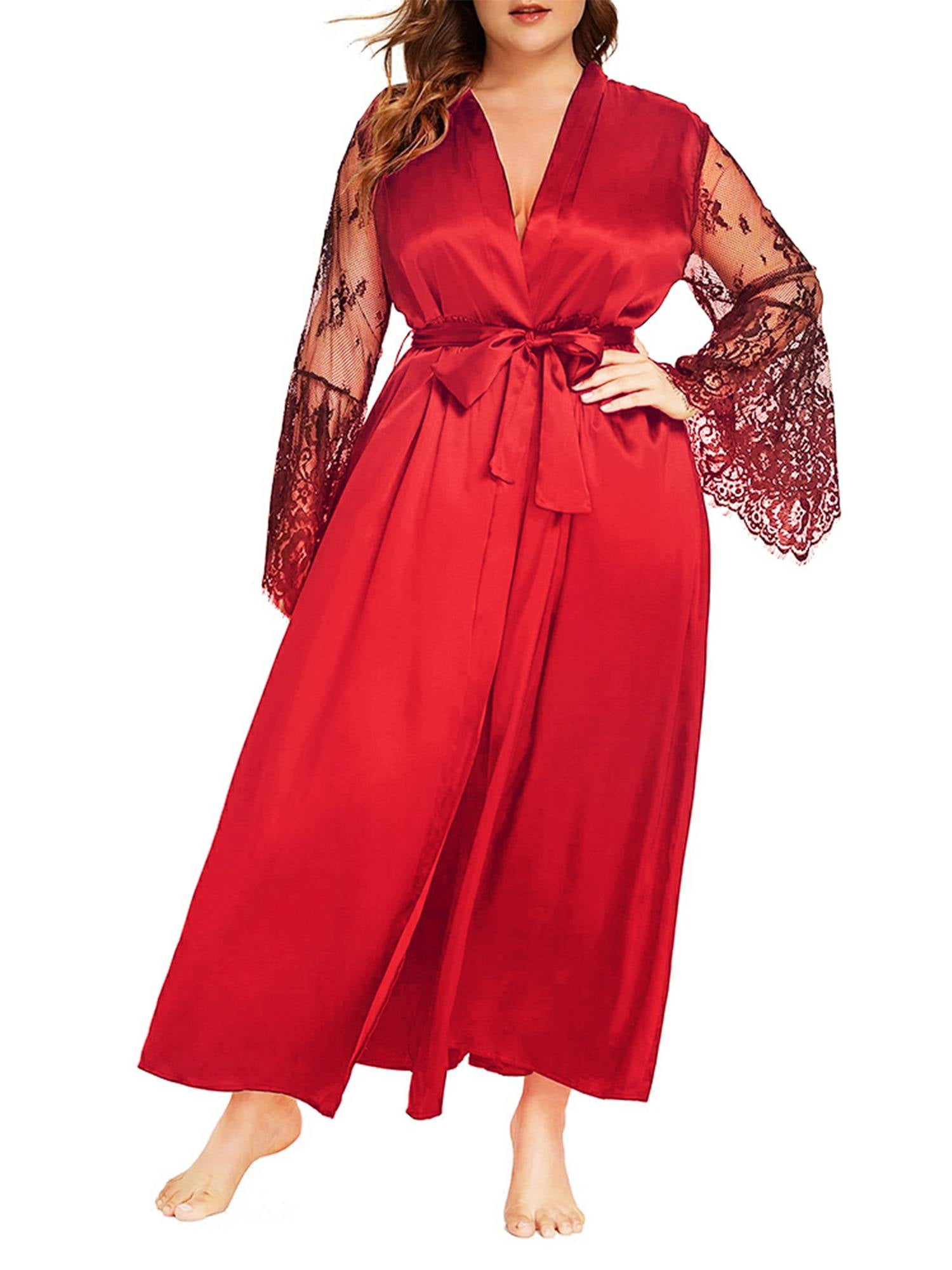 QELUSQELUS Women Plus Lace Flare Long Sleeve V Neck Satin Silk Solid ...