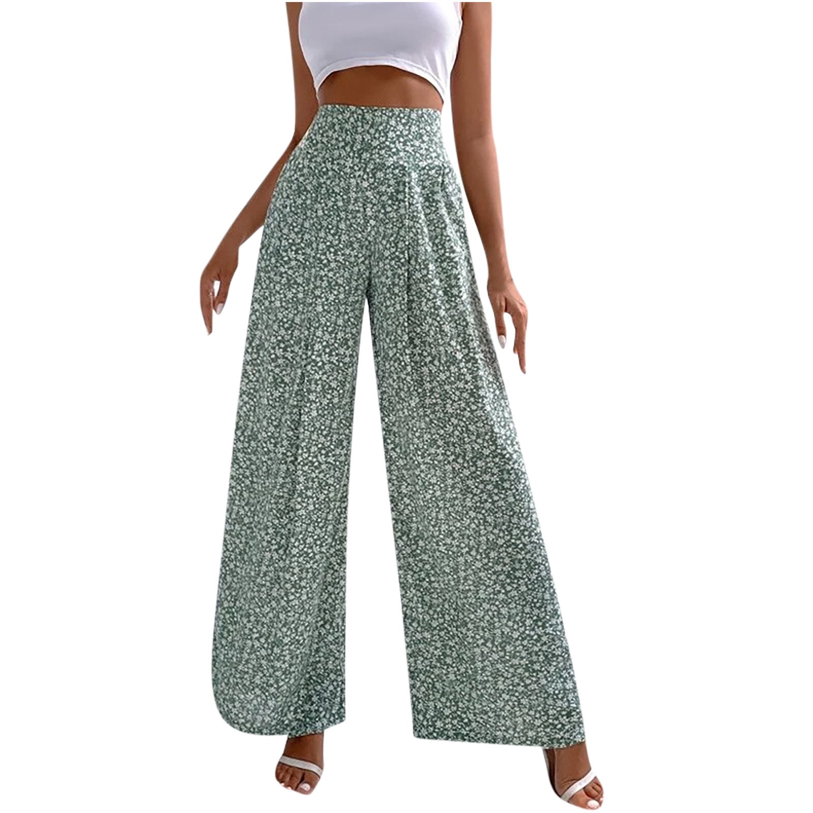 QENGING Women's Pants Wide Leg Casual Elastic Trousers Pattern Pattern ...