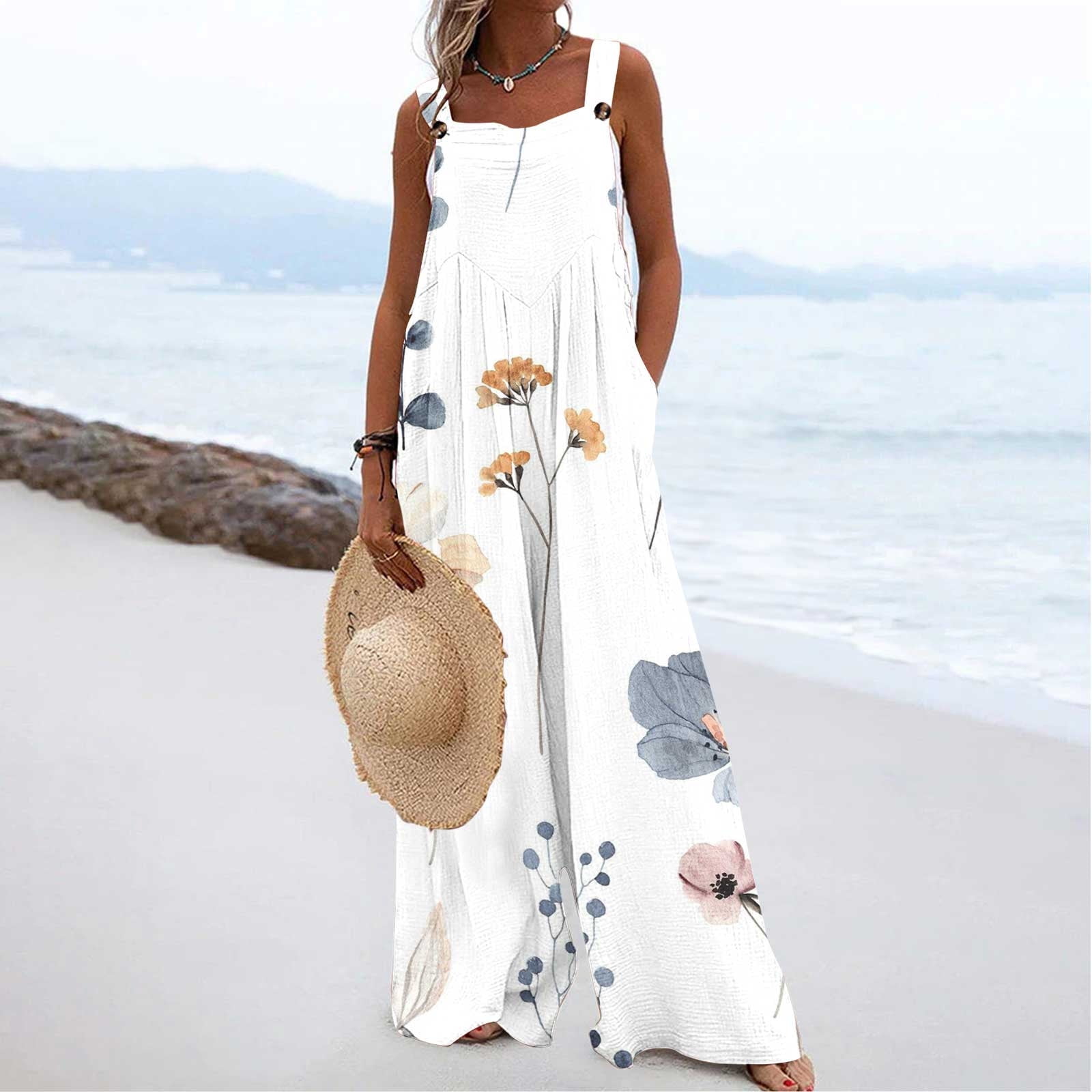 QENGING Womens Rompers Pants Floral Printed jumpsuits Casual Button ...