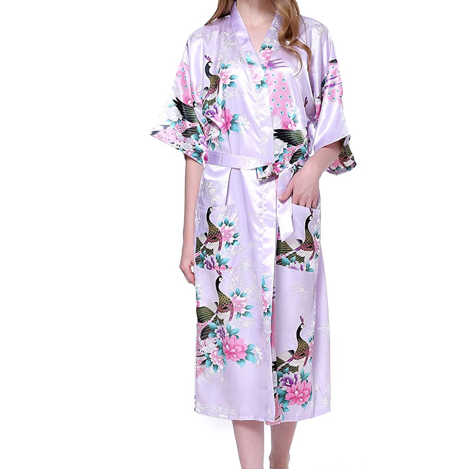 QENGING Womens Sleepwear Open Front Belted Satin Night Robe Floral ...