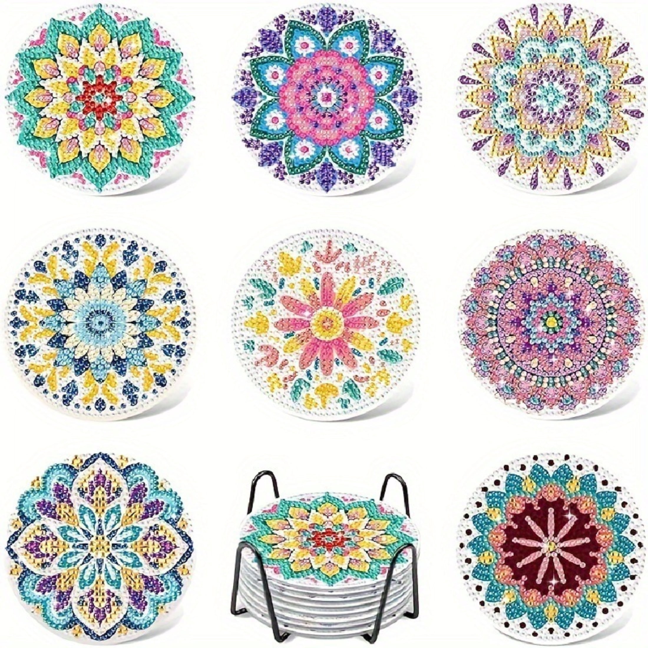 QEQEKAKA 8 Pcs Diamond Painting Coasters Kit with Holder, 5D Full Drill ...