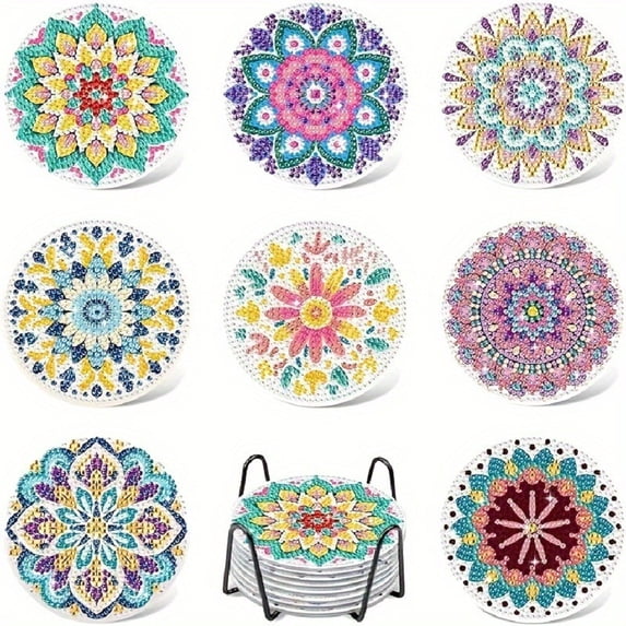 QEQEKAKA 8 Pcs Diamond Painting Coasters Kit with Holder, 5D Full Drill ...