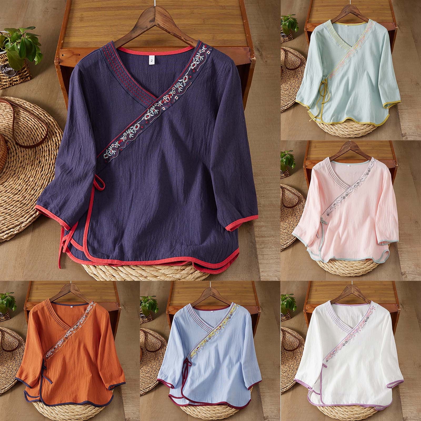 QETYUW Chinese Traditional Blouse Women Embroidery Cotton Linen 3/4 ...