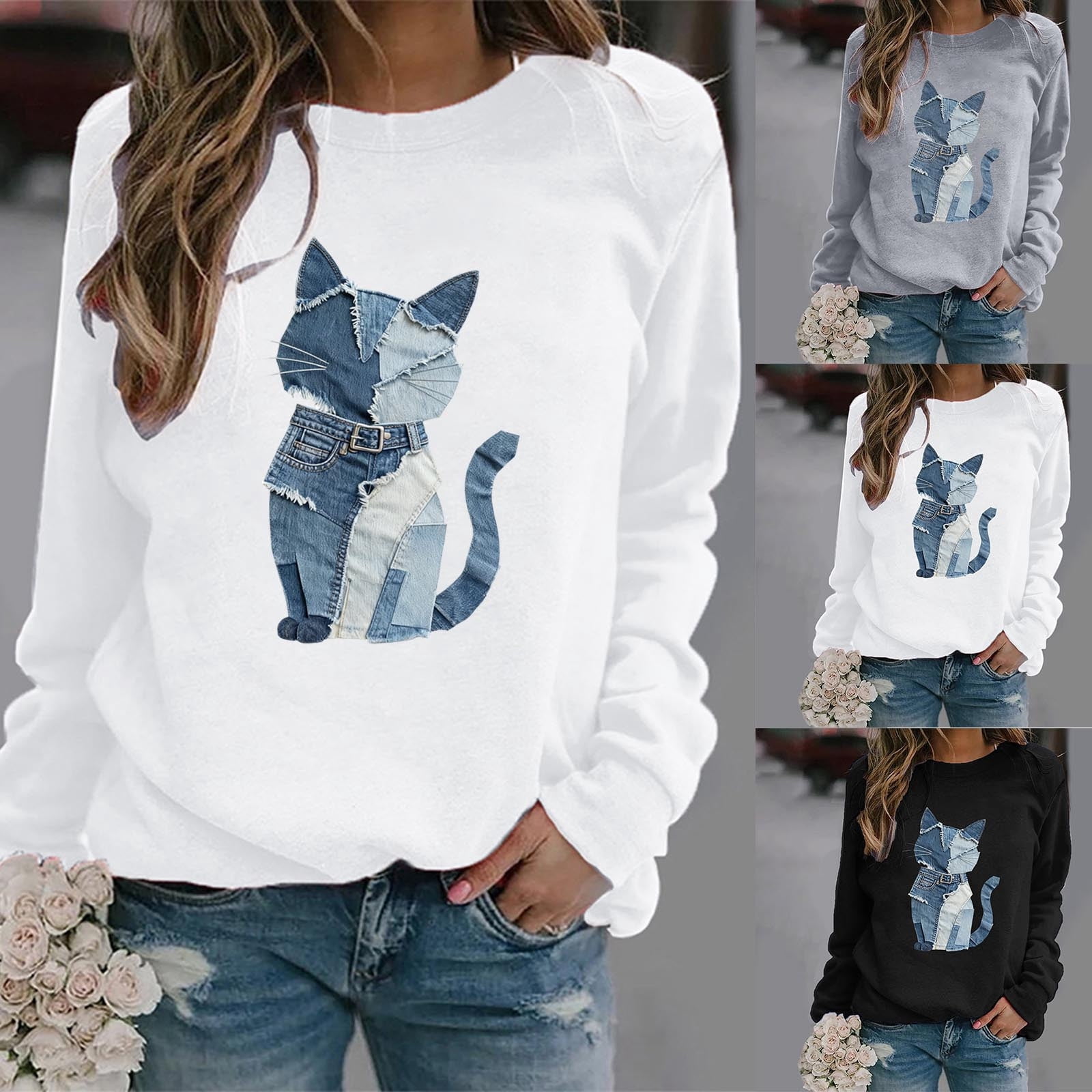 QETYUW Women's Crew Neck Sweatshirts Long Sleeve Casual Pullover Plus ...
