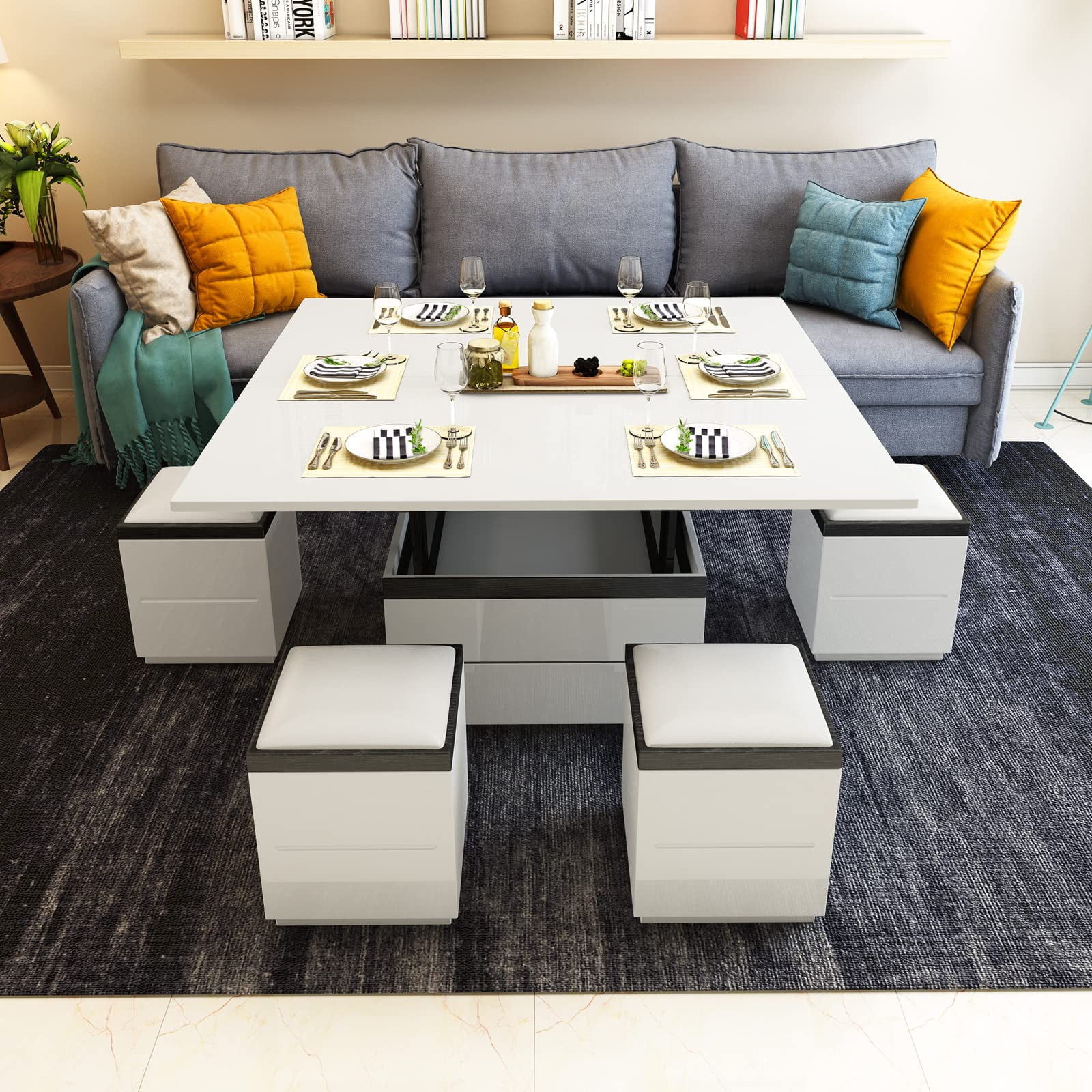 QEZEOM 47" Lift Top Coffee Table with 4 Storage Stools, Multifunctional ...