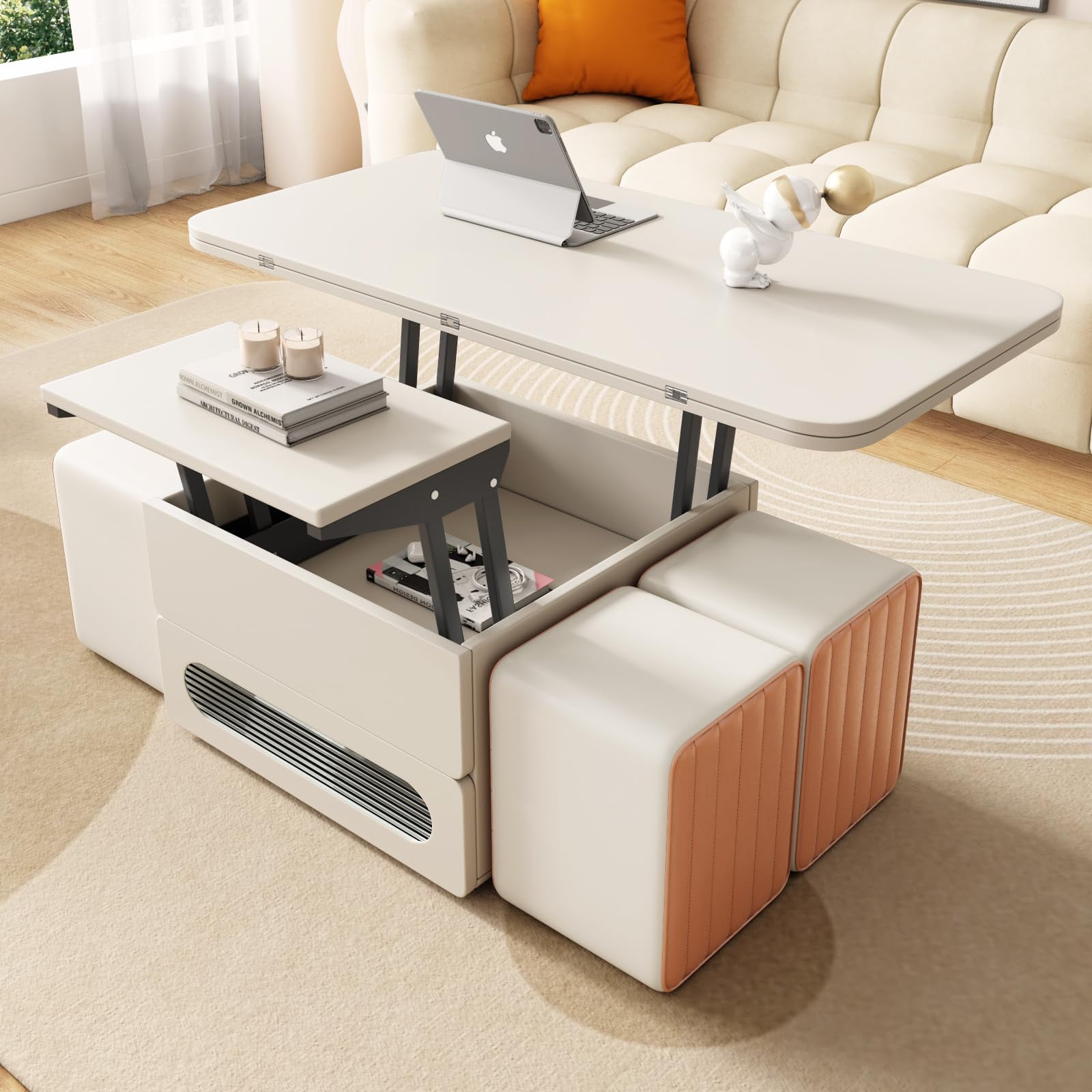 QEZEOM Lift Top Coffee Table, 47" Center Table with 4 PU Stools, Modern ...