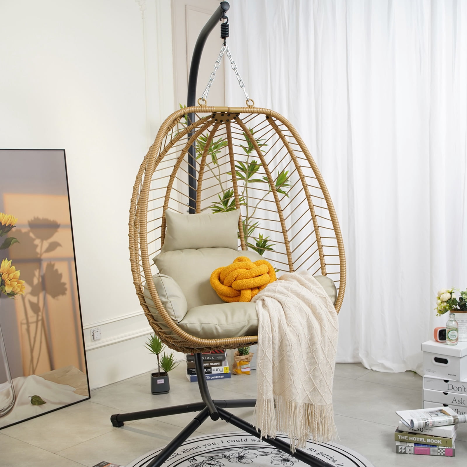 QEZEOM Hanging Egg Chair with Stand, Egg Swing Chair, Patio Hanging ...