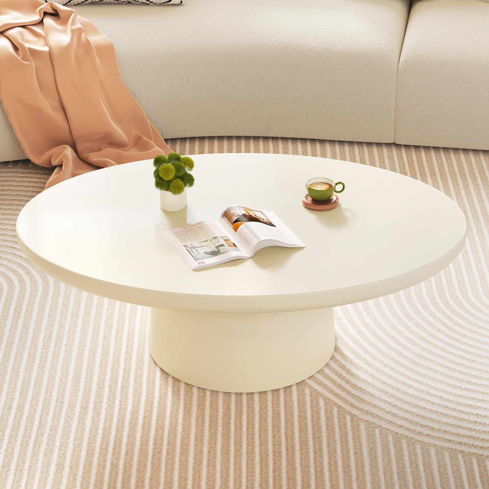 QEZEOM Modern Oval Coffee Table, Creamy White Coffee Table, Oval Center ...