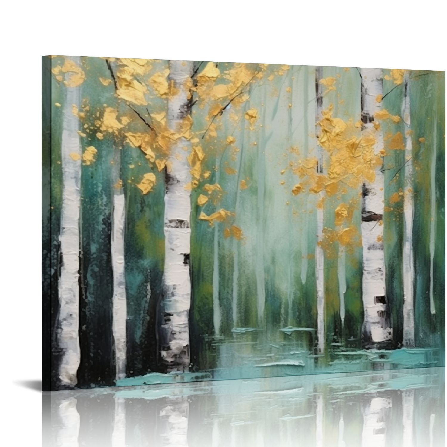 QFMY Birch Tree Canvas Wall Art with Textured Modern Forest Paintings with Gold Foil ...
