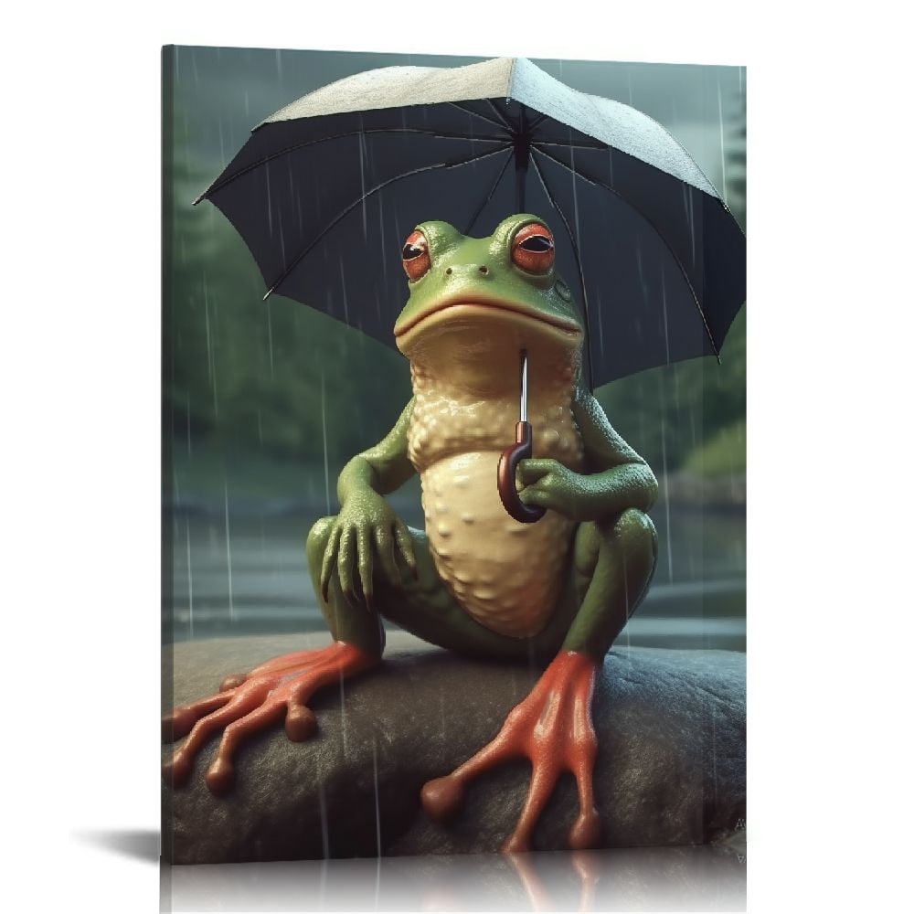 Zhiwo Frog Wall Art Poster, Frog in The Rain With An Umbrella, Canvas ...