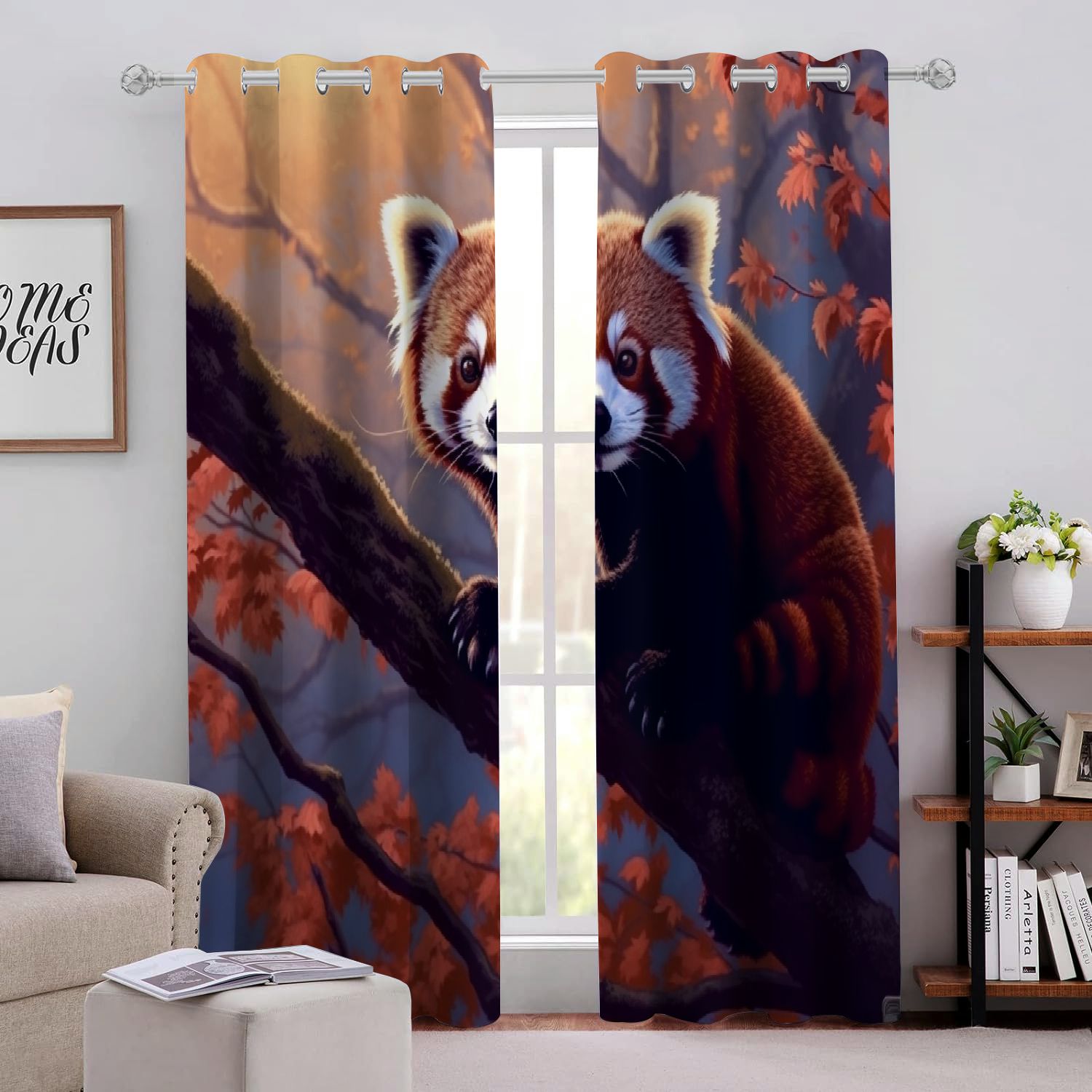 QFMY Red Panda Tree Branch Forest Perforated Blackout Curtains 2-Pack ...