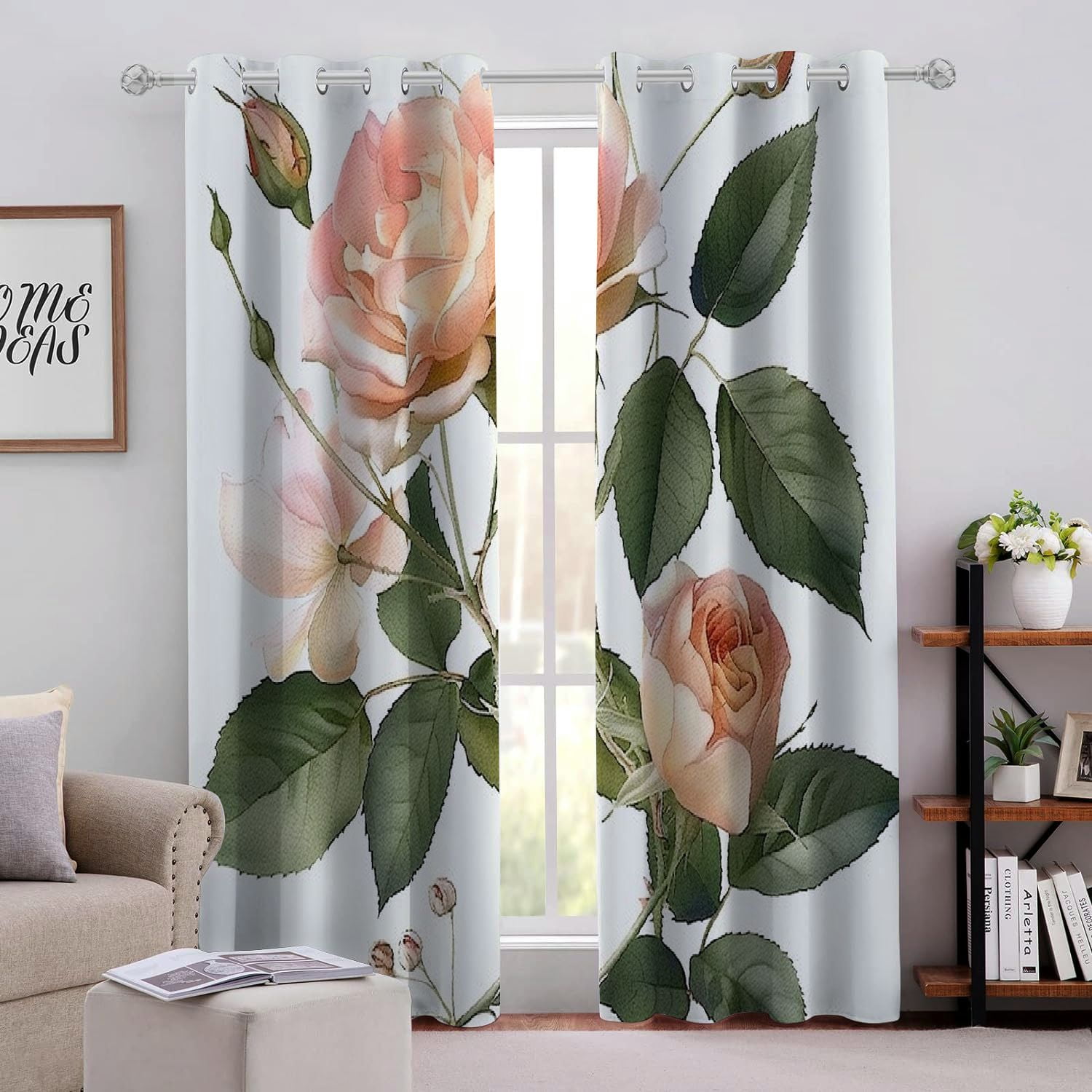 QFMY Rose Leaves Buds Perforated Blackout Curtains 2-Pack Silver ...