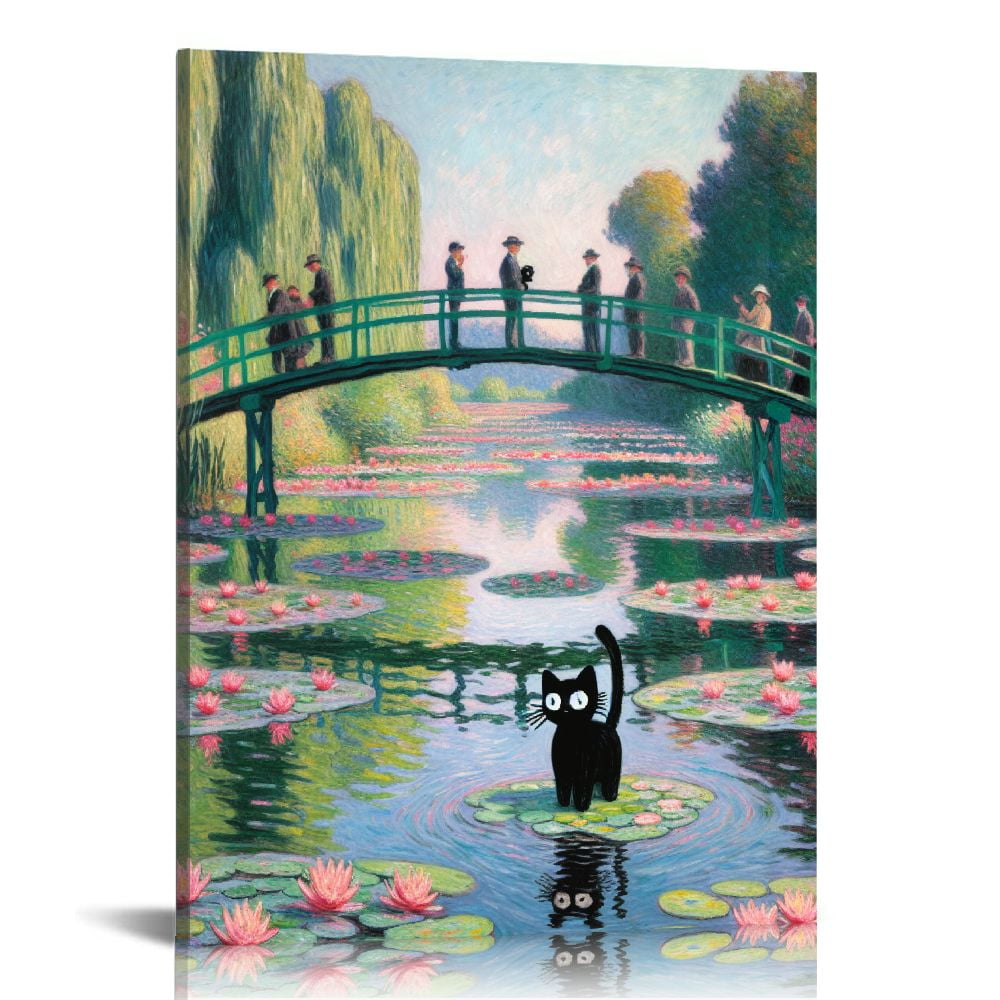 QFMY Vintage Monet Cat Poster Funny Black Cat Bridge of Waterlilies ...