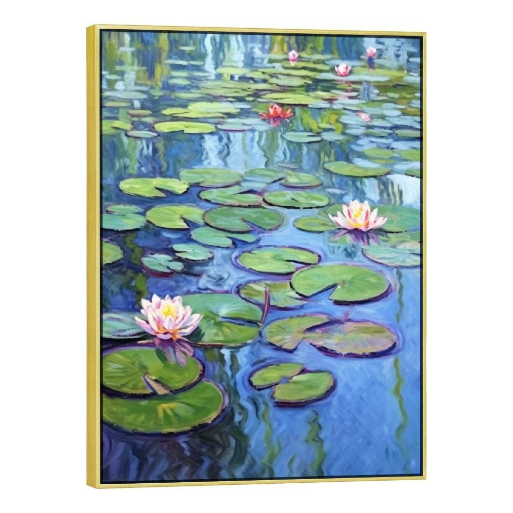 QFMY Water Lilies and Lily Pads Modern Canvas Prints with Golden Border ...