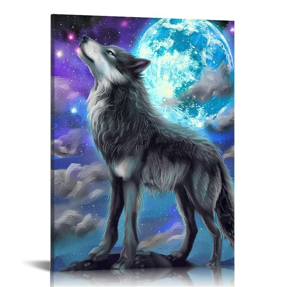QFMY Wolf Wall Art Black Wolf Waxing and Waning Moon on Mountain ...