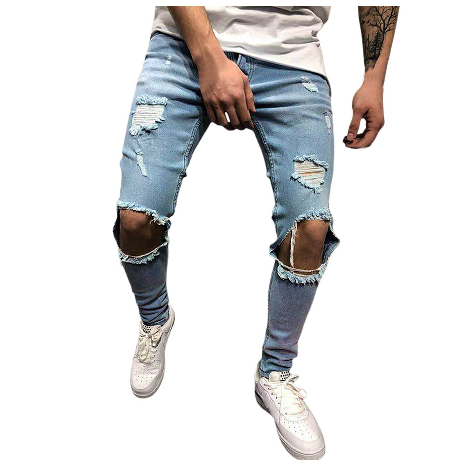 QHFBli Mens Baggy Jeans Male Jeans Ripped Slim Pants Trousers and ...