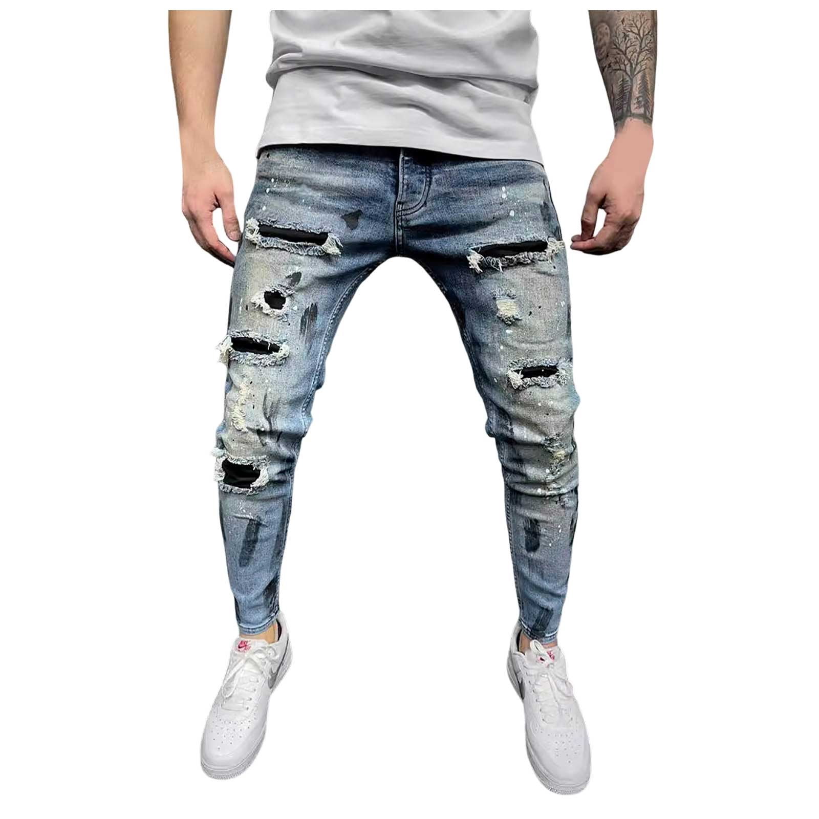 QHFBli Mens Baggy Jeans Male Slim Fit Ripped Trousers Ripped Paint ...