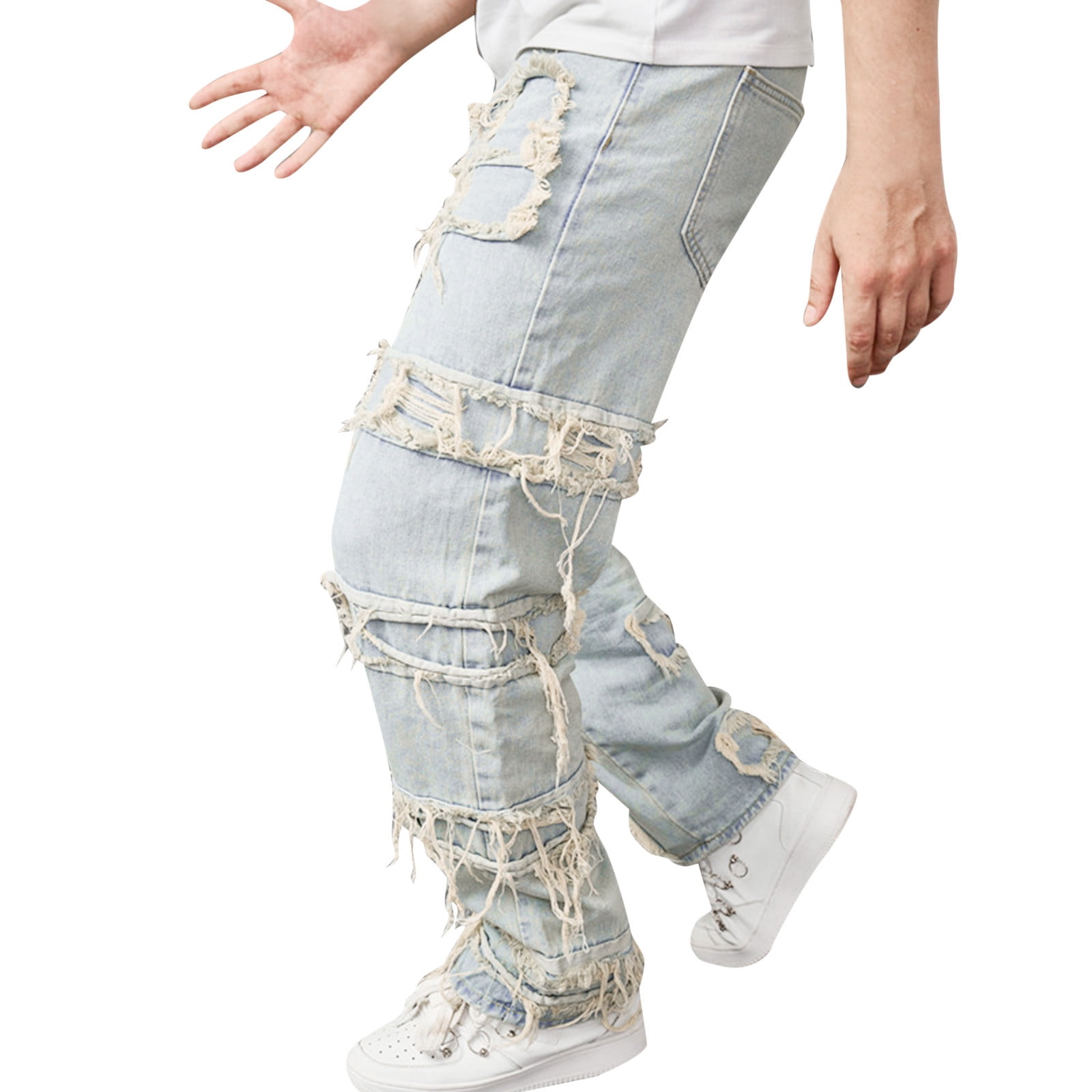 QHFBli Mens Black Stacked Jeans Slim Fit Ripped Jeans Destroyed ...