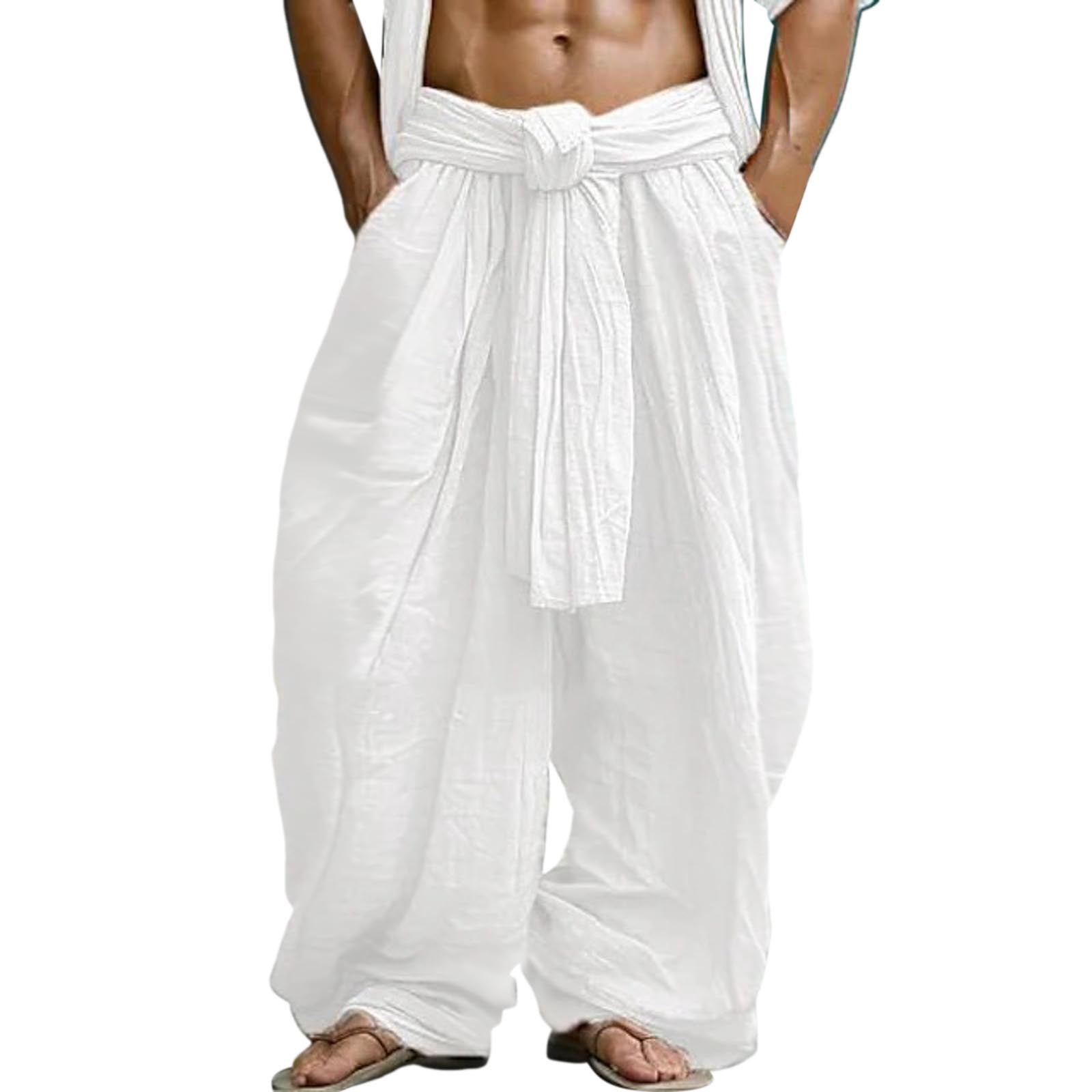 QHFBli Mens Culottes Linen Blend Wide Leg Pants Elastic Waist Casual ...