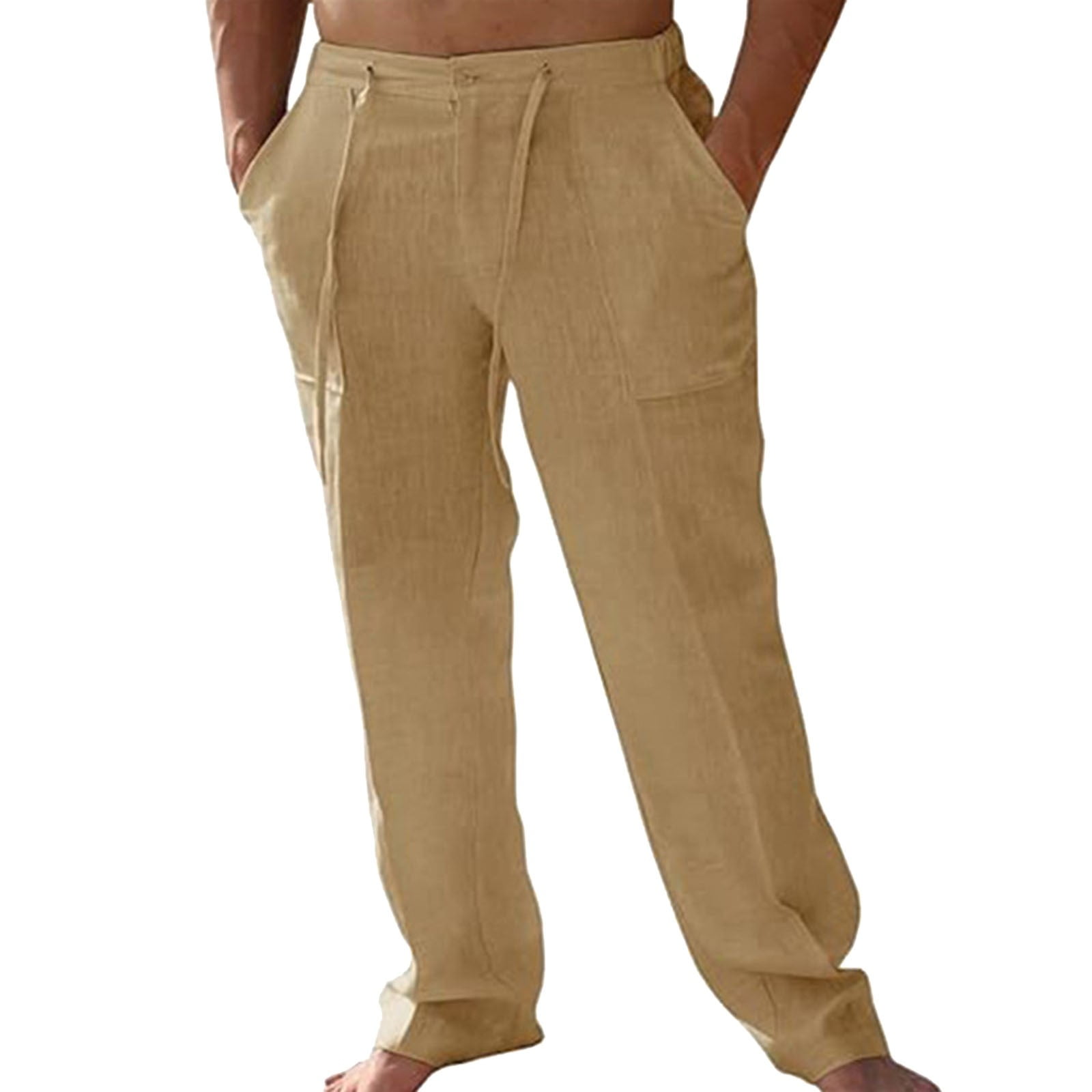 QHFBli Mens Linen Pants with Pockets Loose Elastic High Waisted Comfy ...