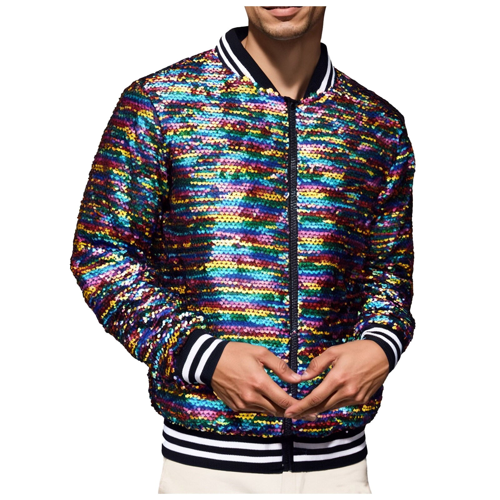 QHFBli Sequins Jacket for Mens Sweatshirt Long Sleeves Zip Up Flip ...