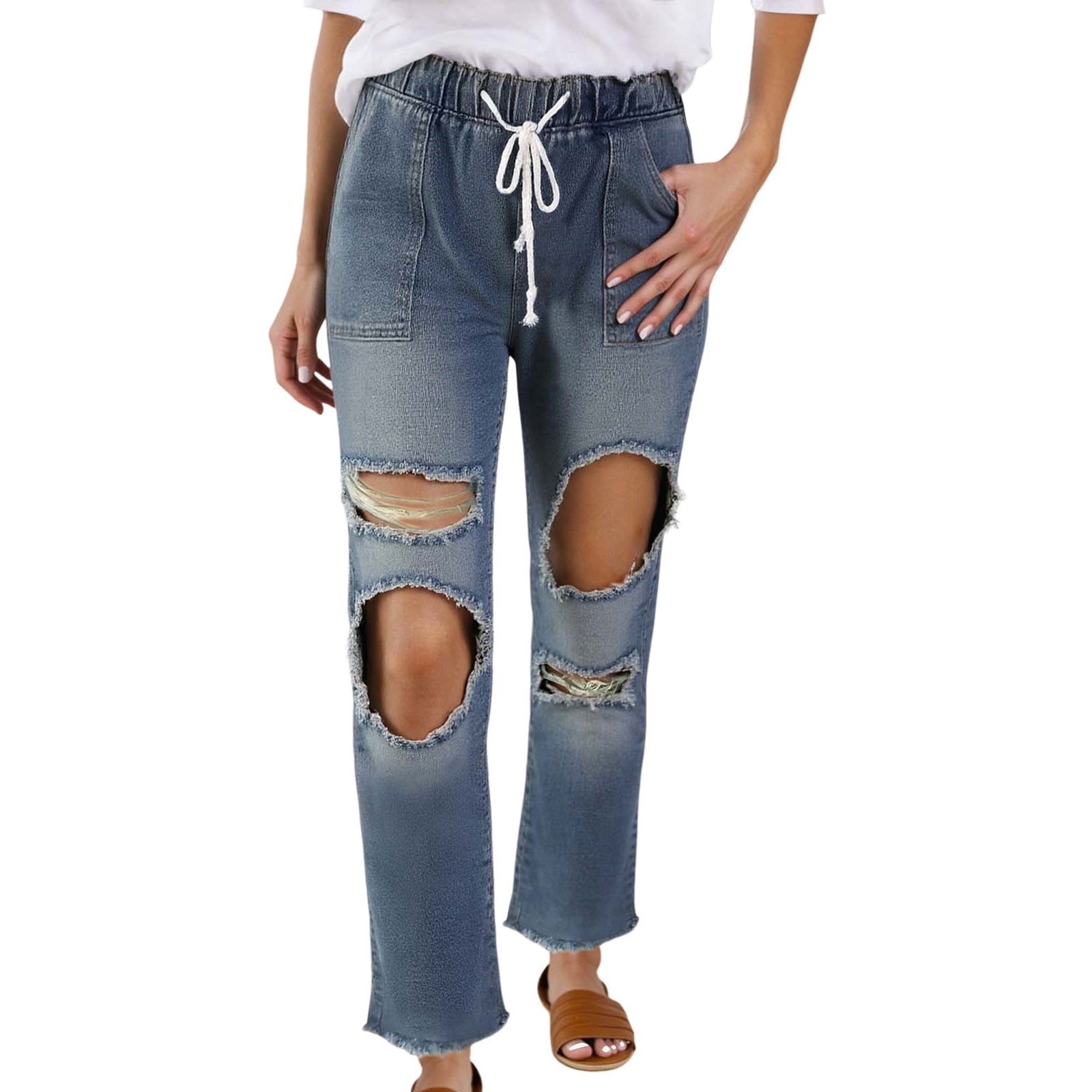QHFBli Women Straight Leg Ripped Jeans Bootcut Jeans Denim Pants Floor ...