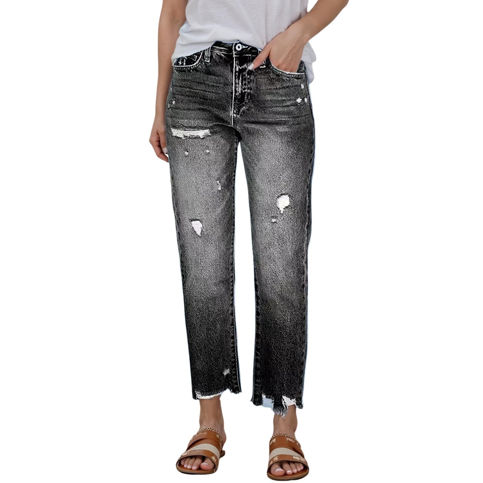 QHFBli Women Straight Leg Ripped Jeans Bootcut Jeans Denim Pants Floor ...