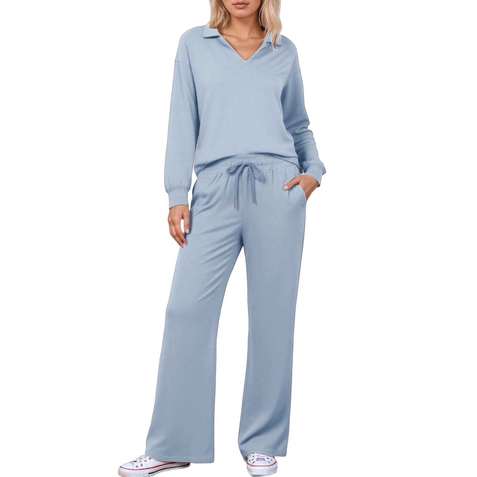 QHFBli Women's 2 Piece Lounge Sets Casual Travel Outfits Wide Leg ...
