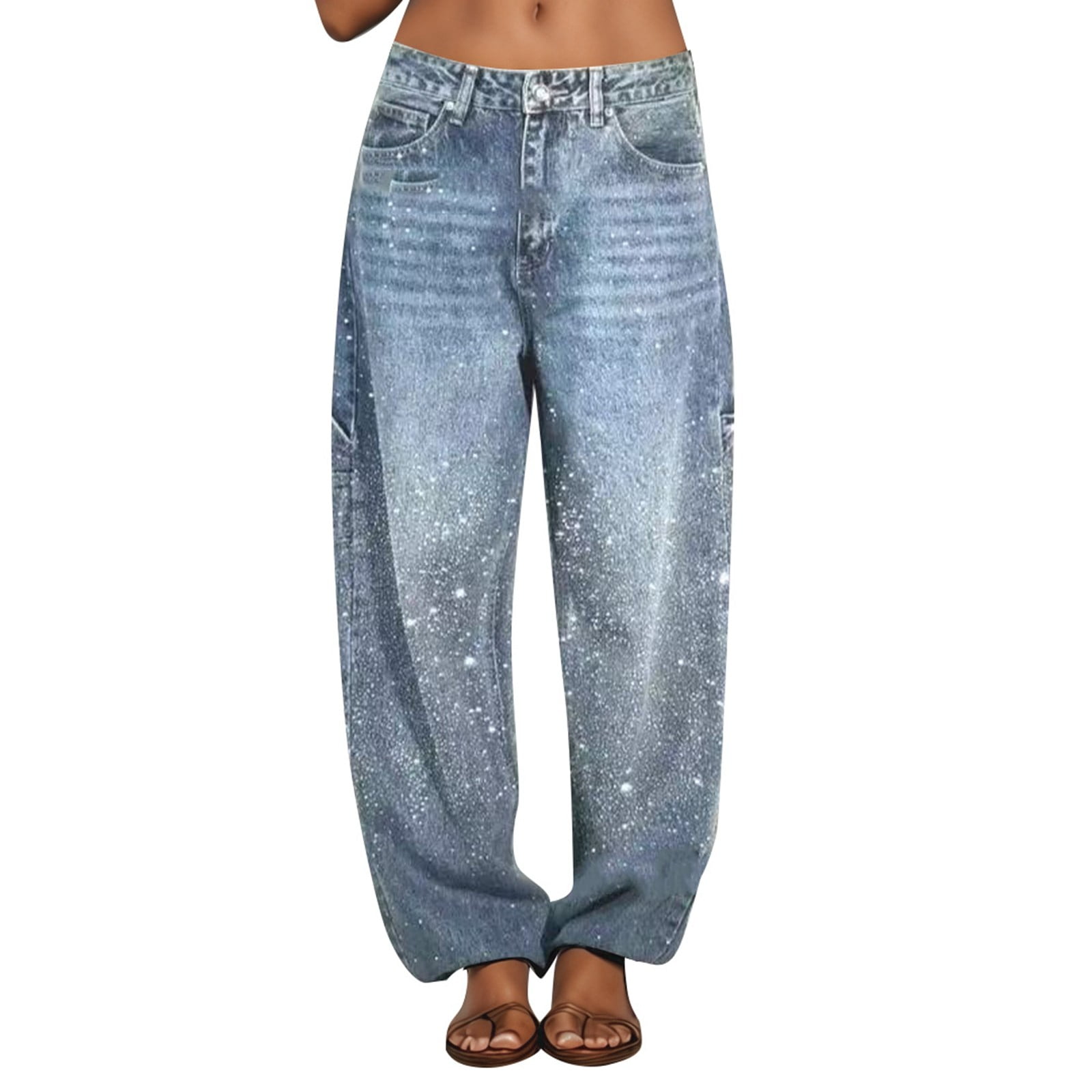 QHFBli Womens High Waisted Rhinestone Jeans Straight Chic Wide Leg ...